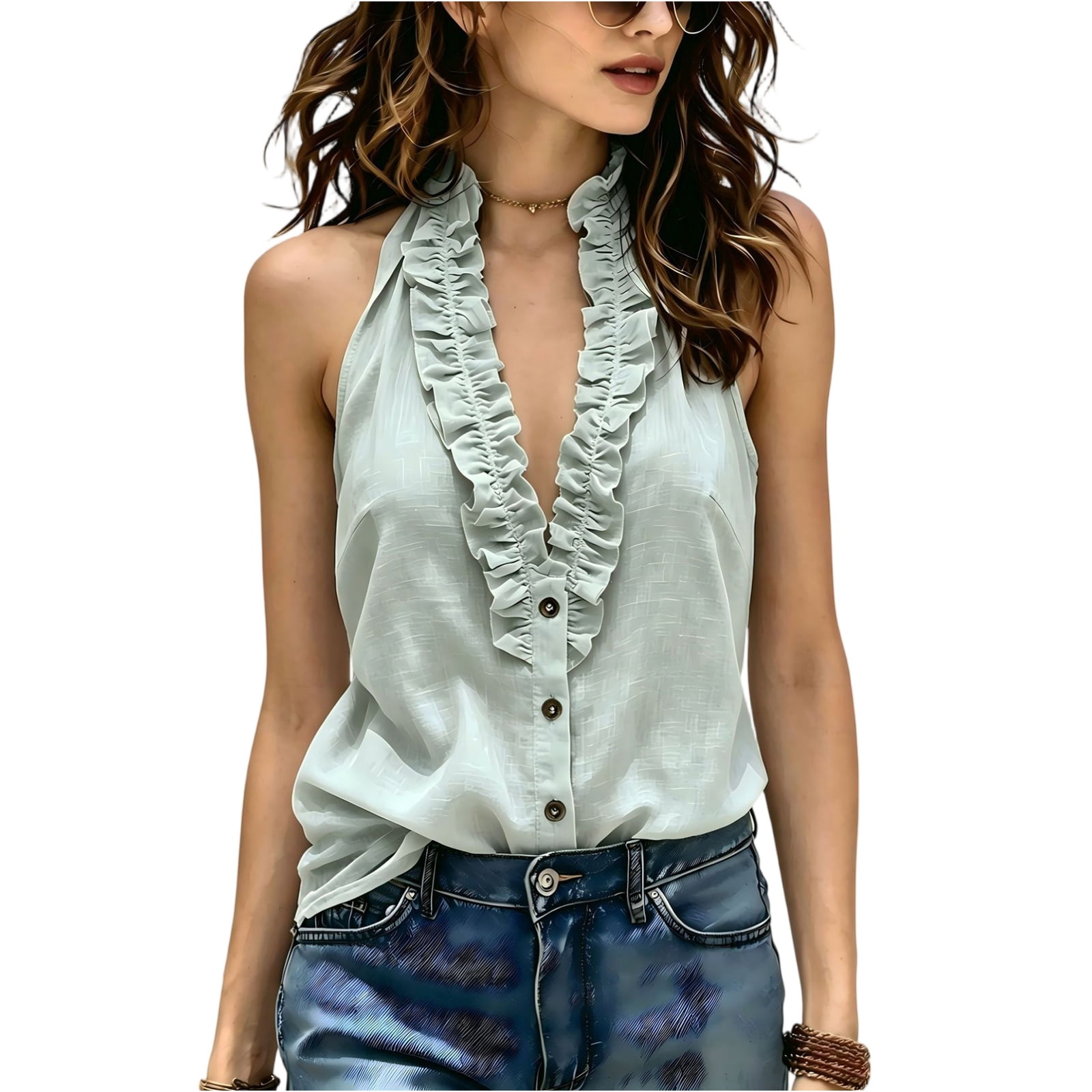 Domzest Women's Halter Tops Deep V-Neck Button-Down Linen Shirt Ruffle ...