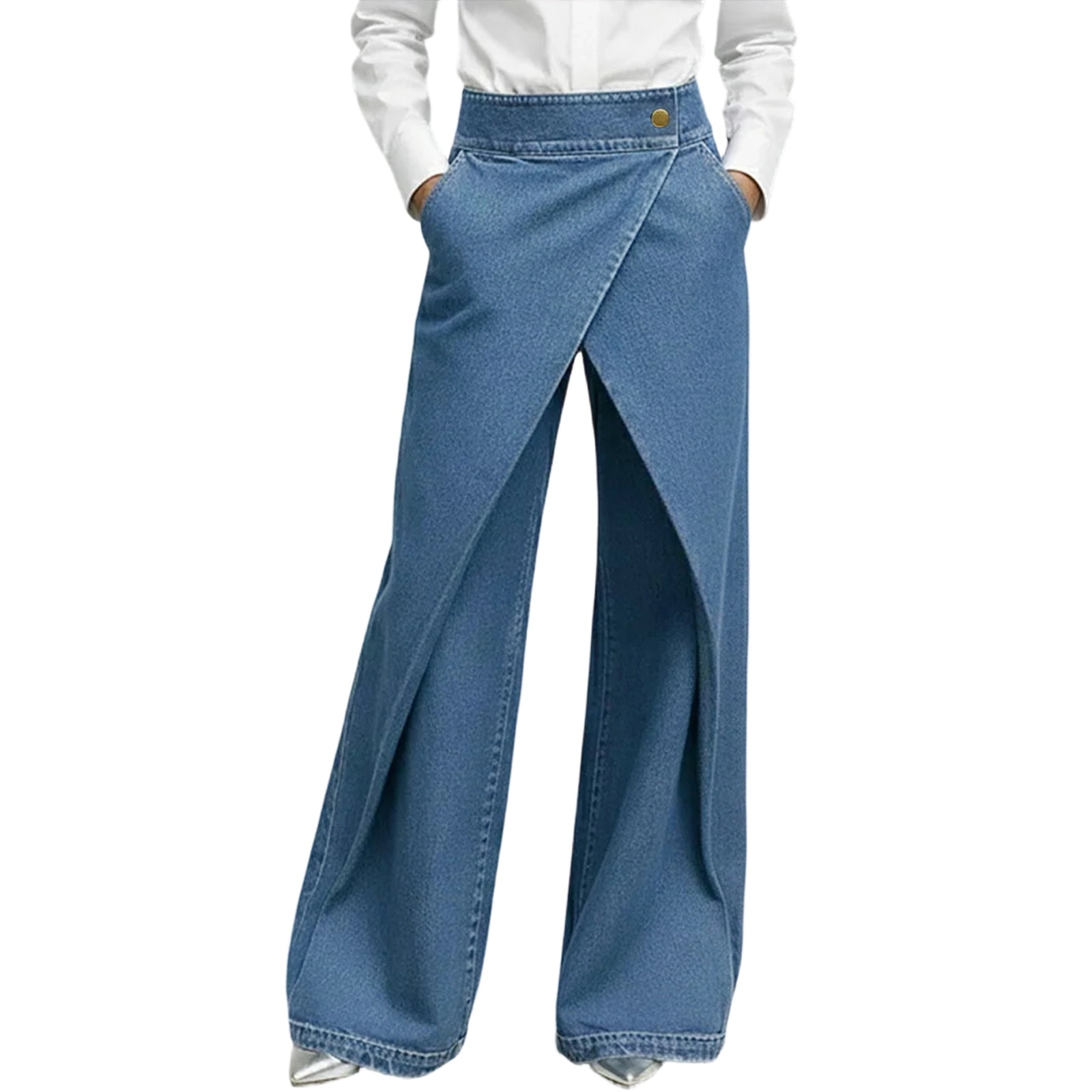 Domzest Women's Vintage Washed Jeans High Waist Wrap Front Split Wide ...