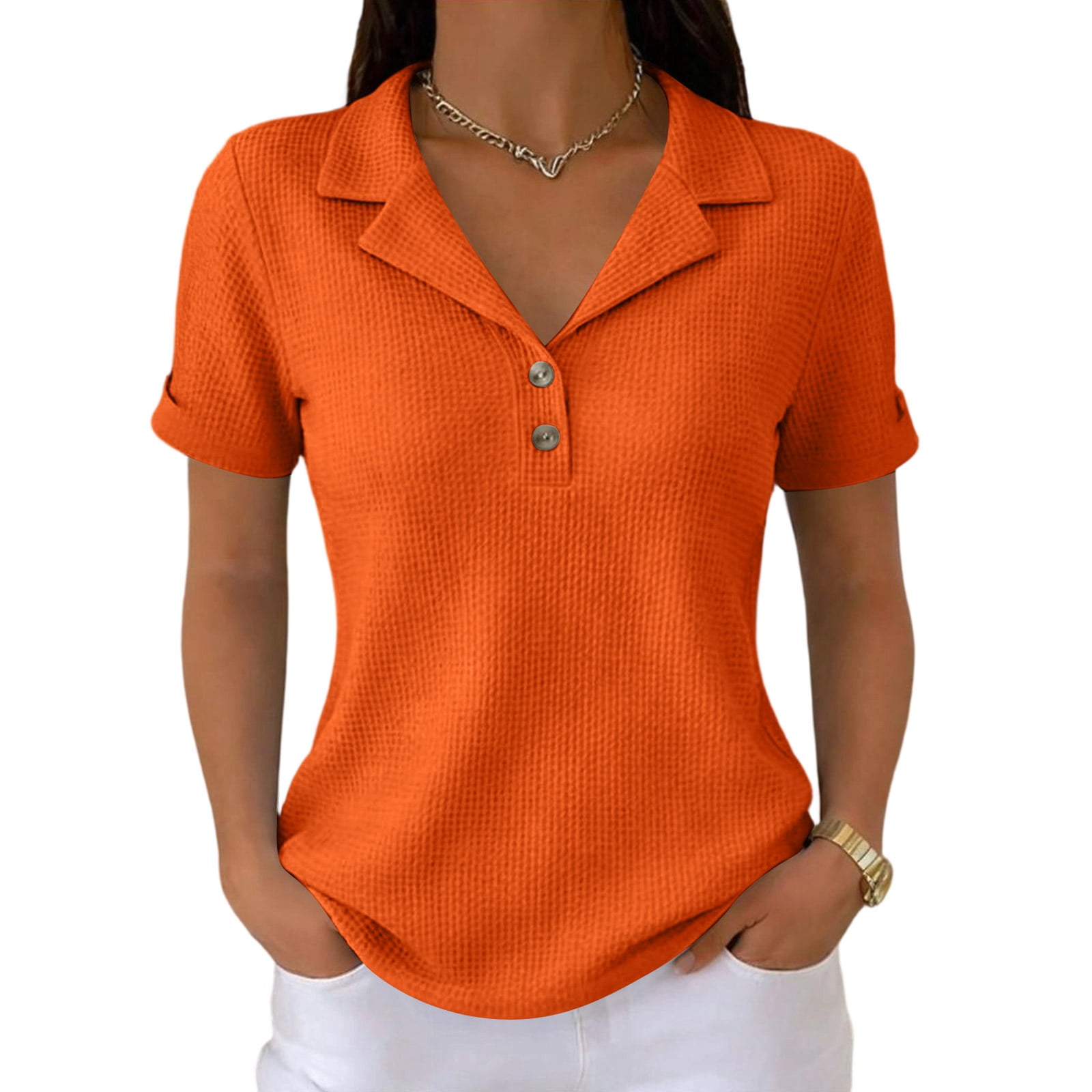 Domzest Women's Waffle Knit Polo Shirt Collared V Neck Button Short ...