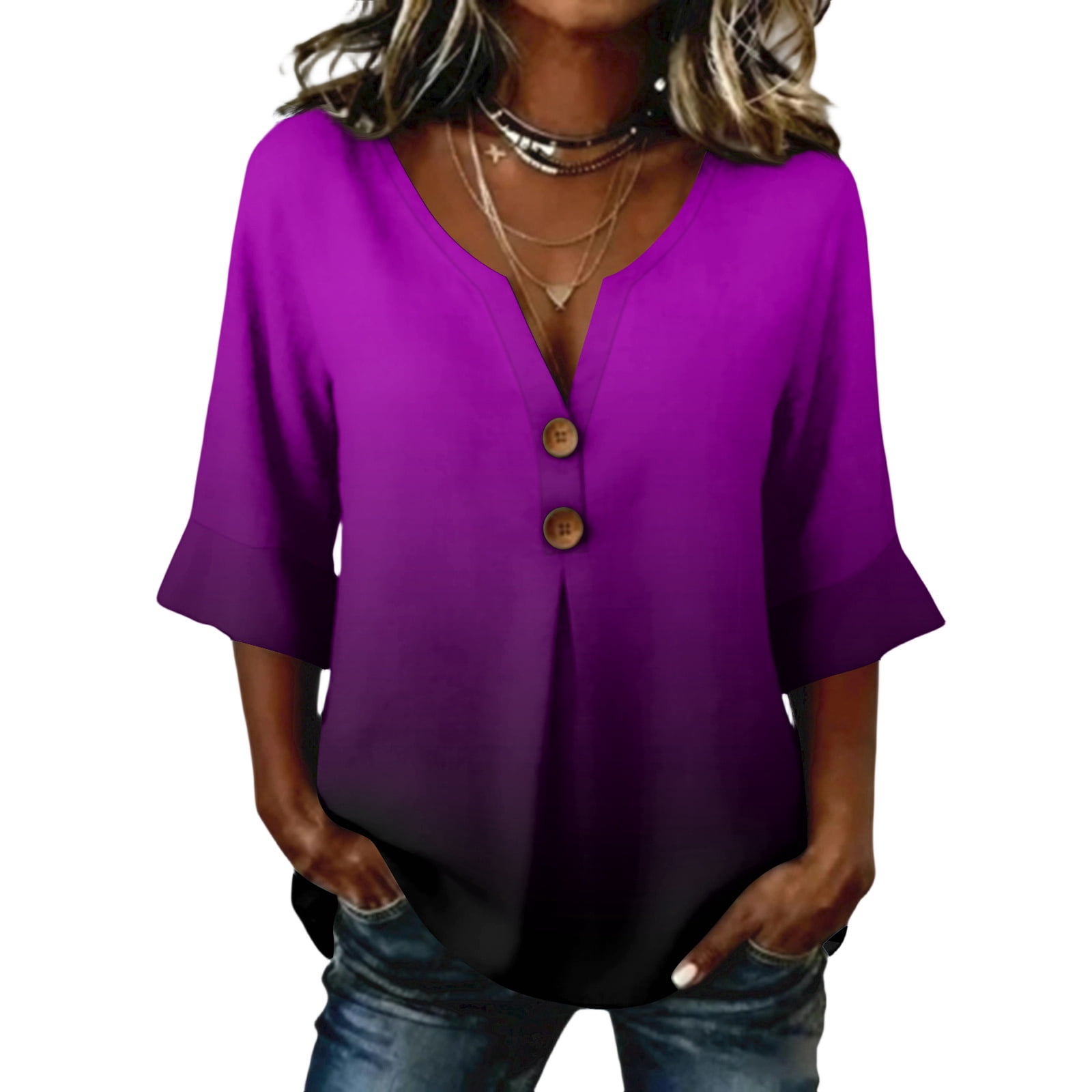 Domzest Womens 3/4 Sleeve Lenth Linen Tops V Neck Gradient Tunic Shirt ...