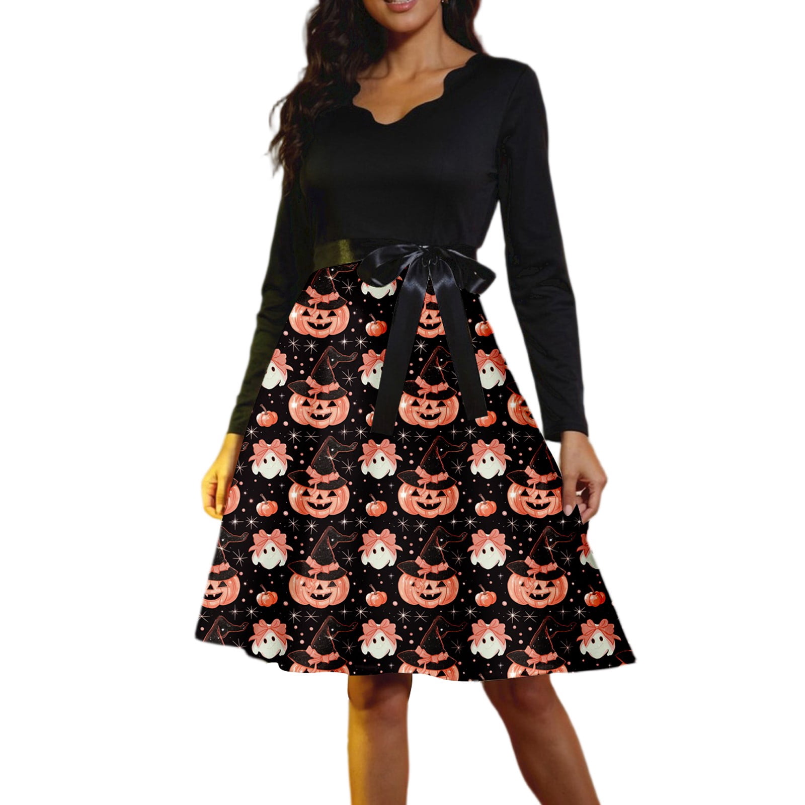 Domzest Womens Halloween Dress Fall Vintage Bat Printed Long Sleeves ...