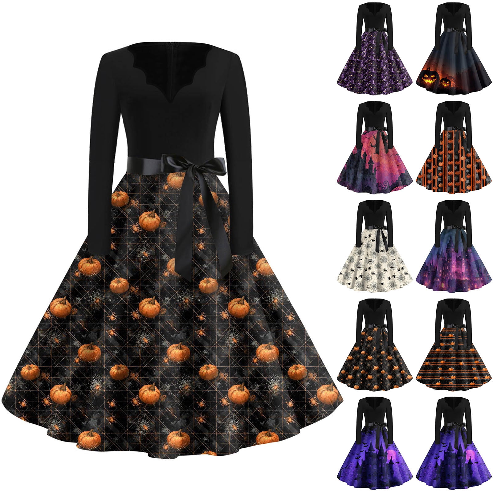 Domzest Womens Halloween Dress Fall Vintage Bloody Printed Long Sleeve ...