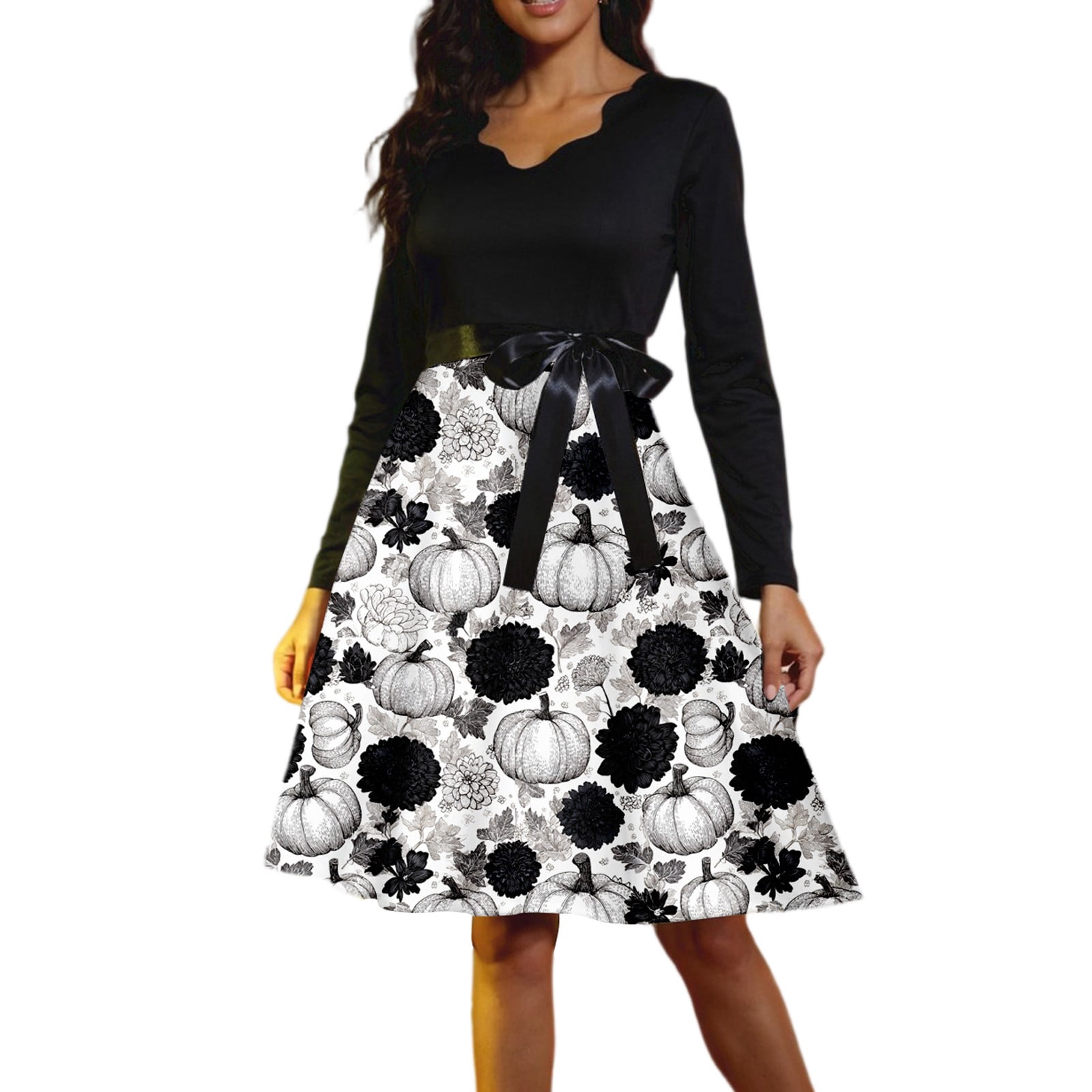 Domzest Womens Halloween Dress Fall Vintage Bloody Printed Long Sleeve ...