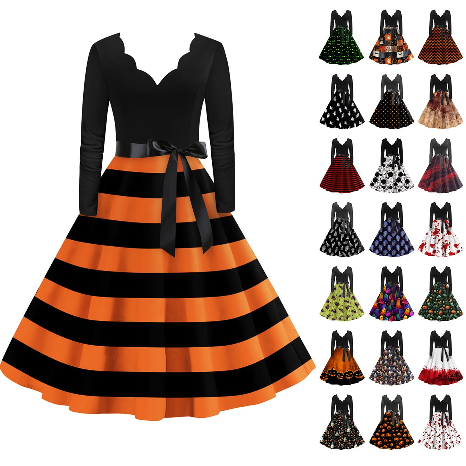 Domzest Womens Halloween Dress Fall Vintage Bloody Printed Long Sleeves ...