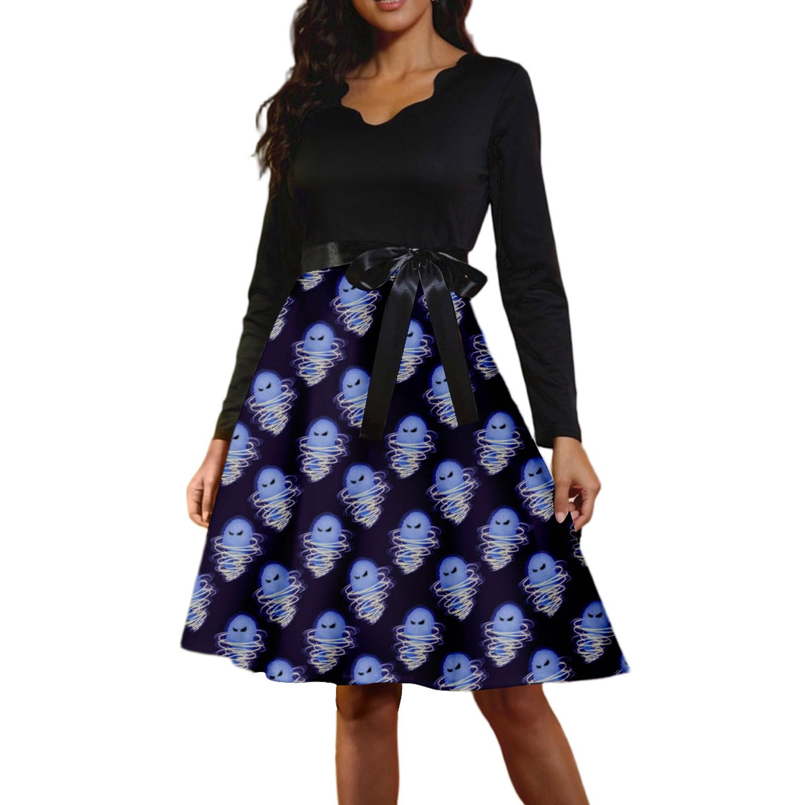 Domzest Womens Halloween Dress Fall Vintage Ghost Printed Long Sleeve V ...