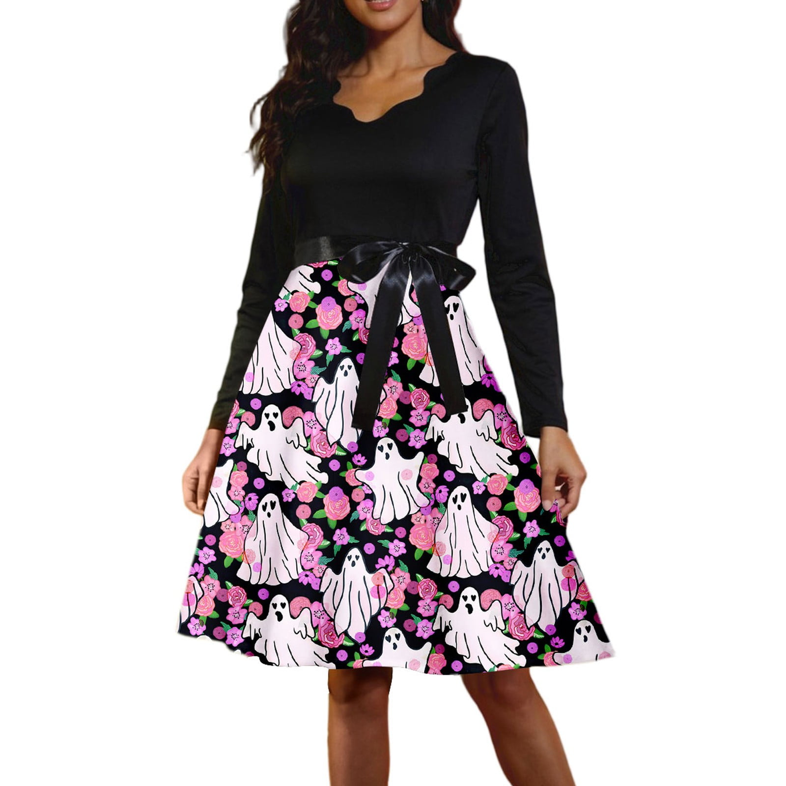 Domzest Womens Halloween Dress Fall Vintage Ghost Printed Long Sleeves ...