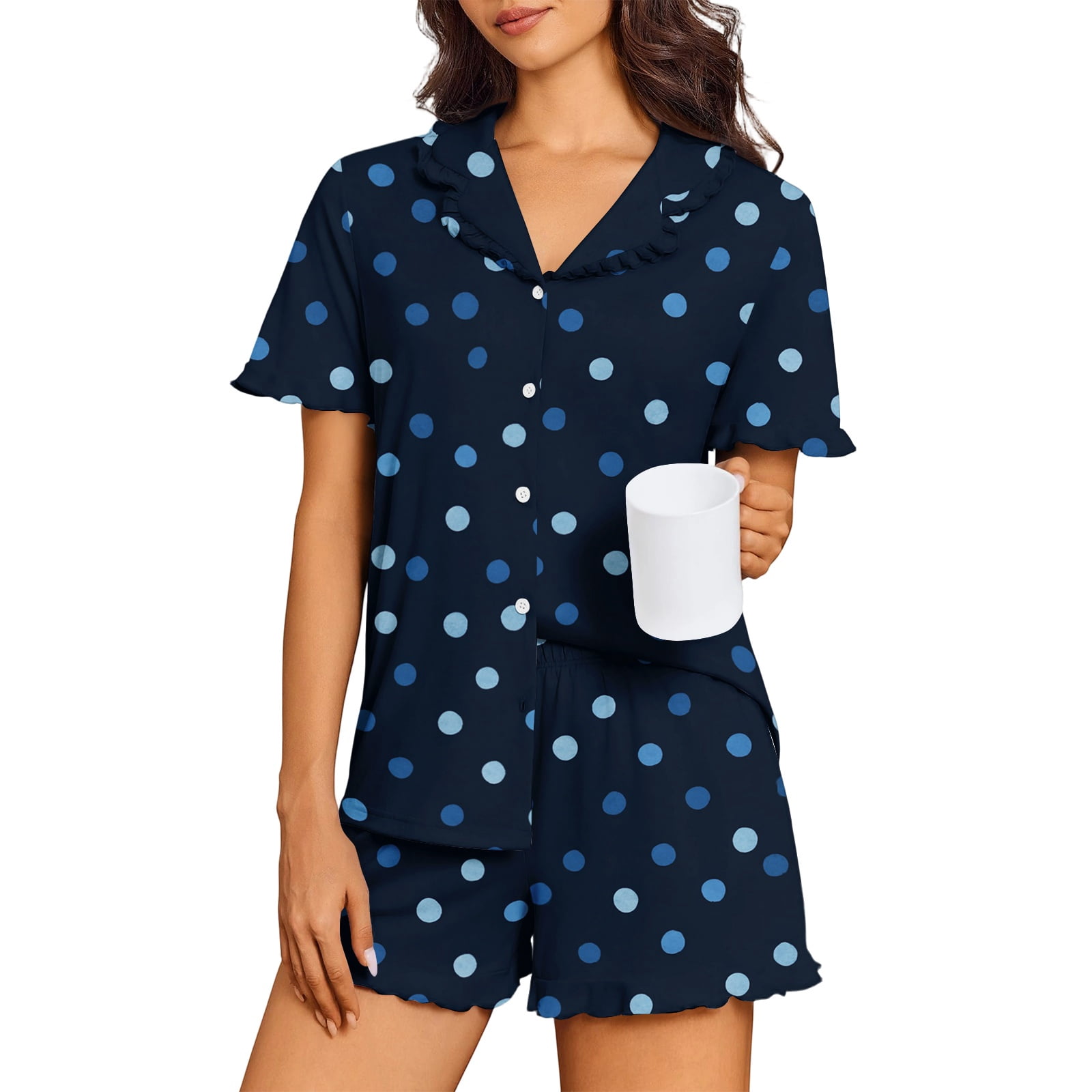 Domzest Womens Pajamas Sets Short Sleeve V Neck Cute Polka Dot Pjs ...