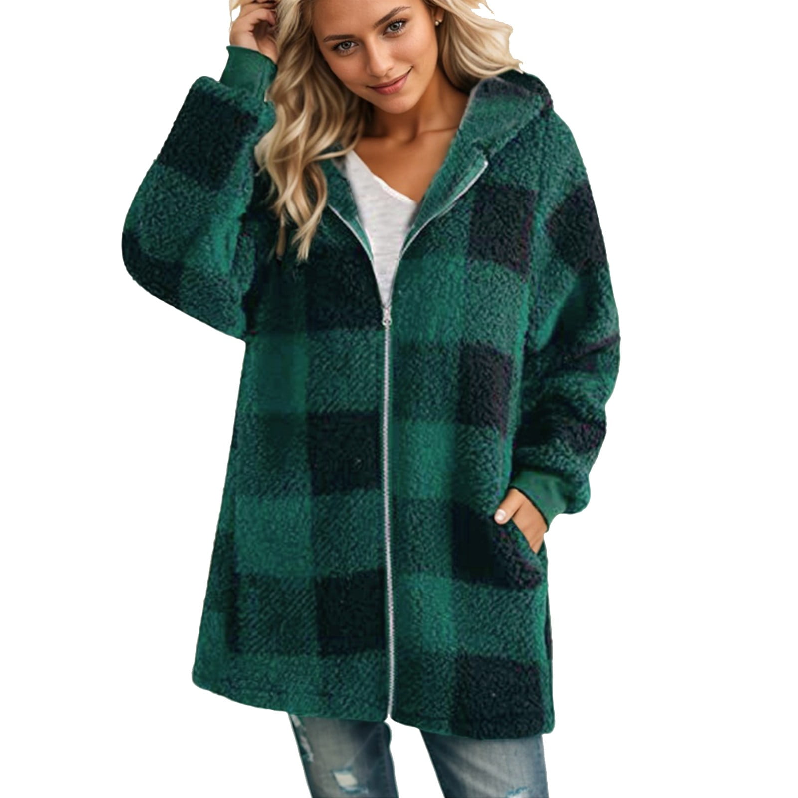 Domzest Womens Sherpa Jacket Plaid Fuzzy Fleece Lined Hooded Zip Up ...