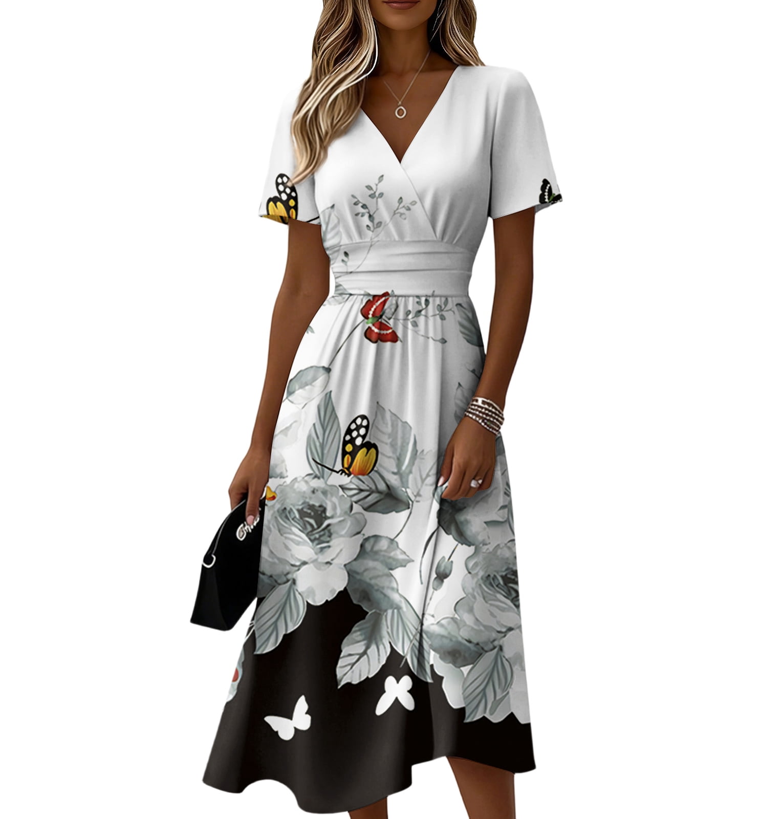 Domzest Womens Warp V-Neck Dress Short Sleeve Ruched Empire Waist A ...