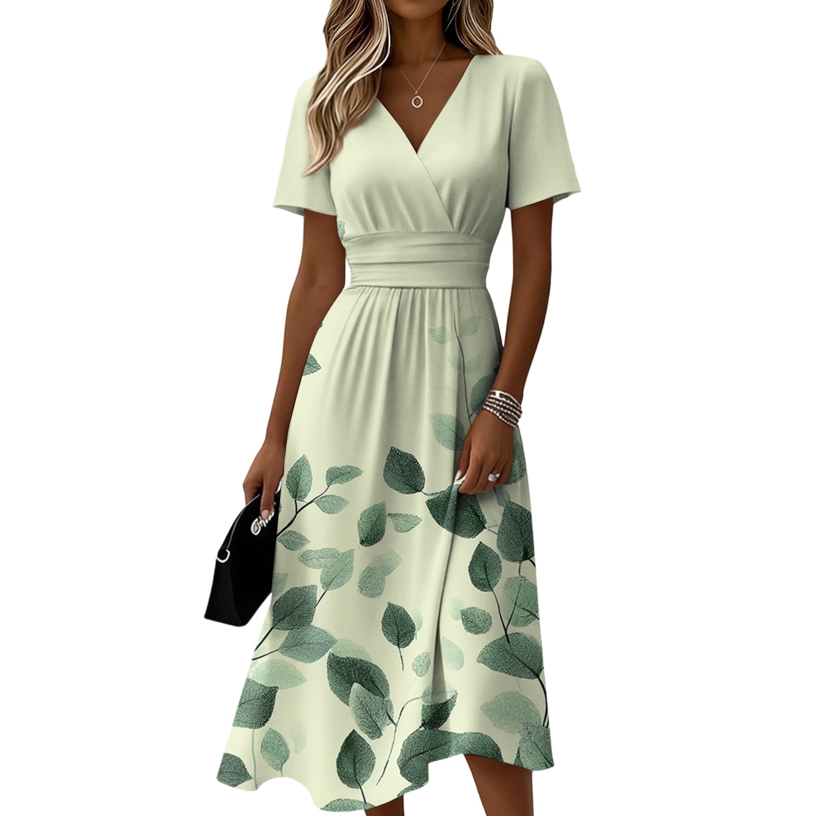 Domzest Womens Warp V-Neck Dress Short Sleeve Ruched Empire Waist A ...