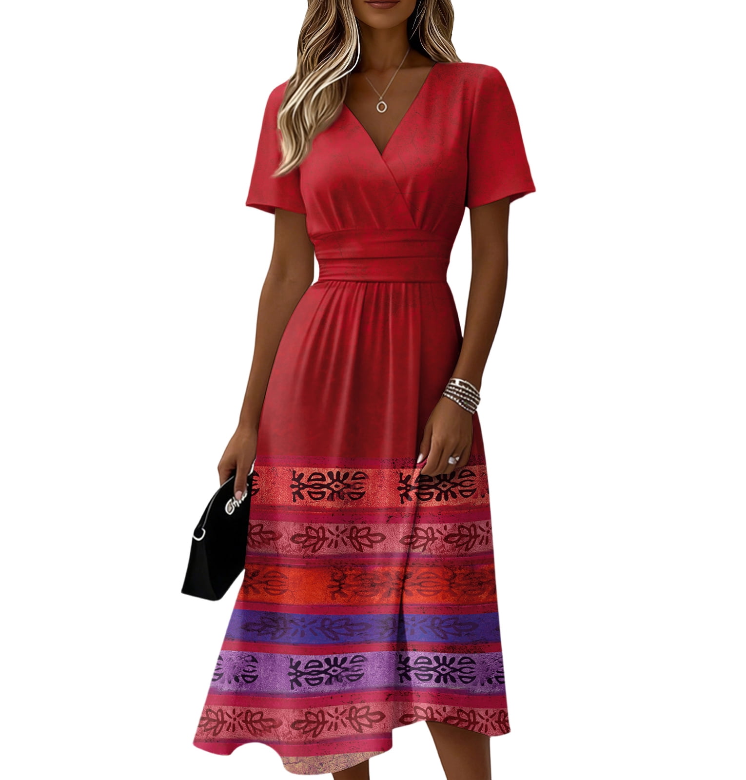 Domzest Womens Warp V-Neck Dress Short Sleeve Ruched Empire Waist A ...