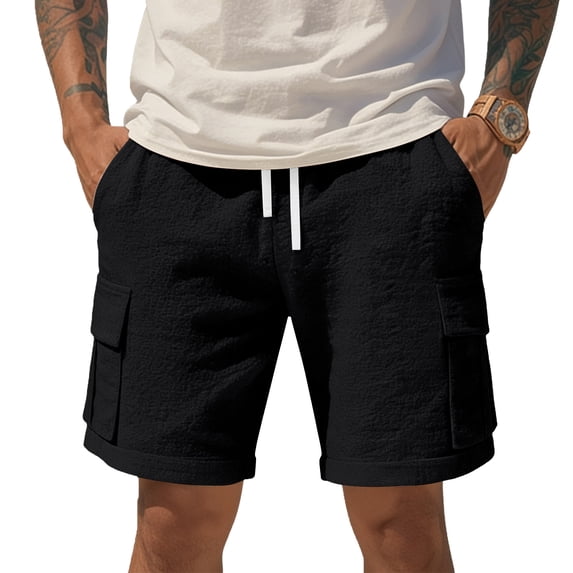 Domzle Mens Linen Shorts Casual Summer Beach Shorts Elastic Waist ...