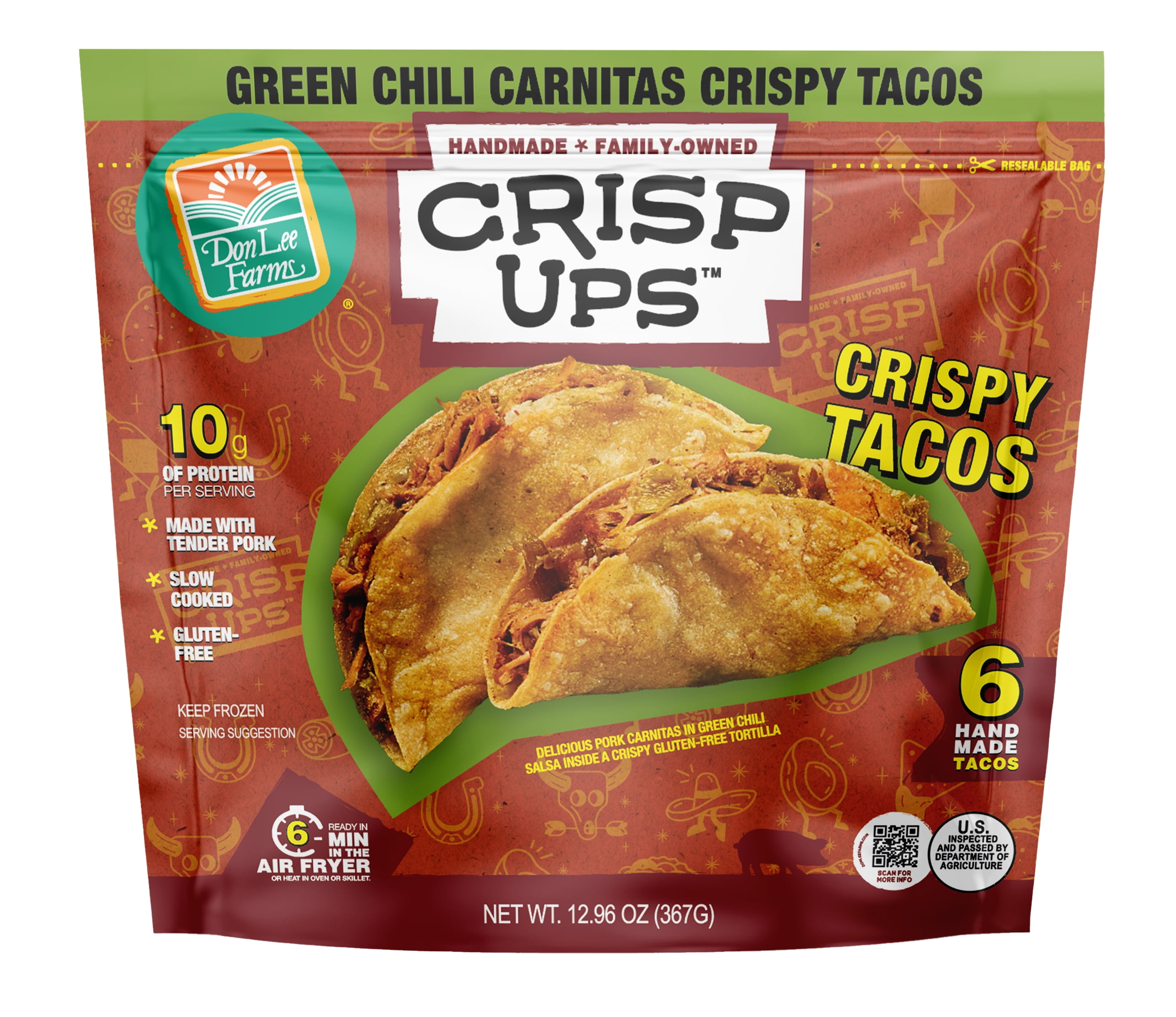 Don Lee Farms CrispUps Green Chili Carnitas Crispy Tacos, 6 Full-Sized ...
