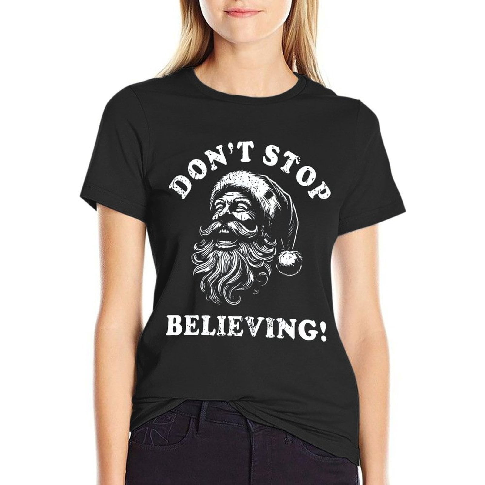 Don’t Stop Believin’ Santa Women’s Short Sleeve Cotton T-Shirt HD ...