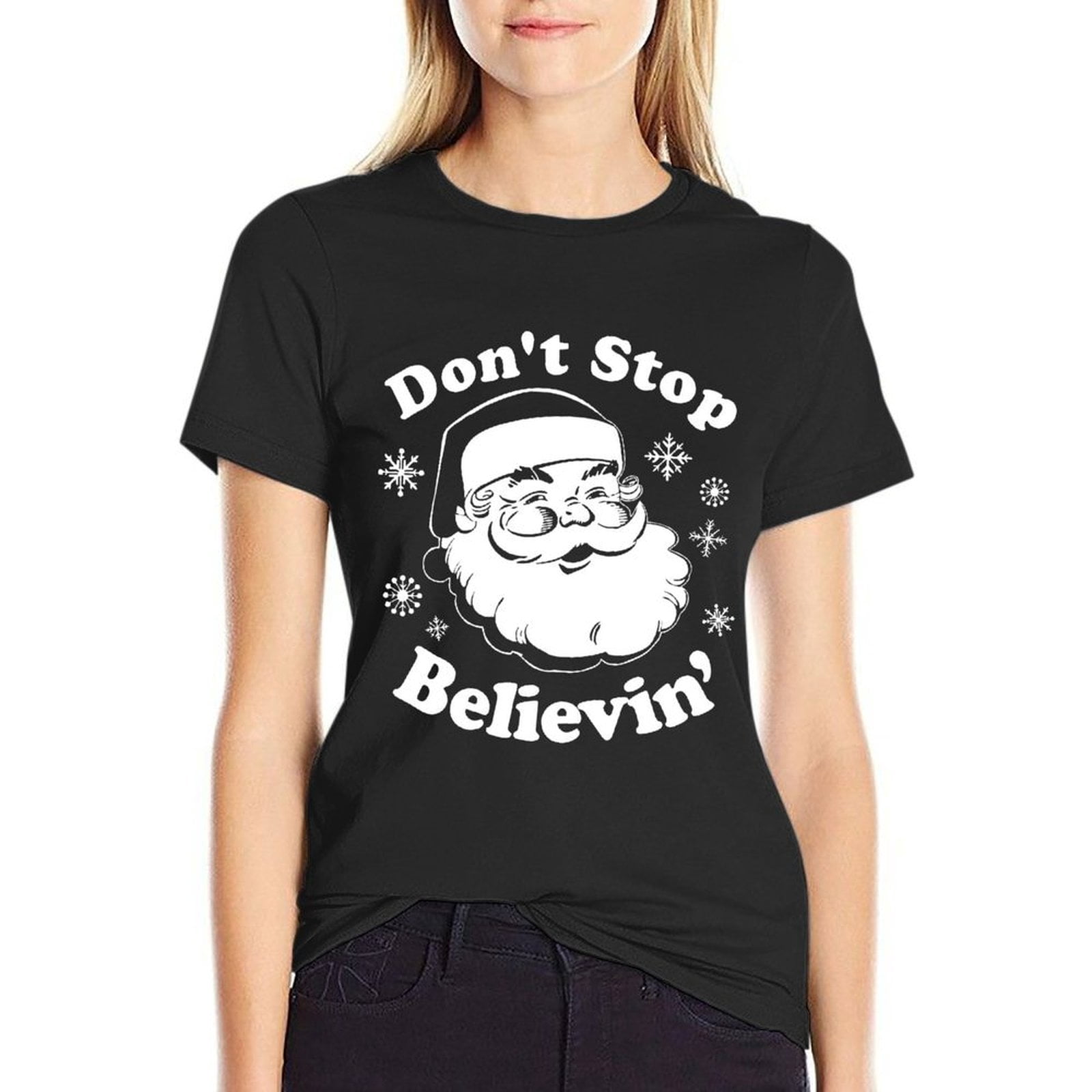 Don’t Stop Believin’ Santa Women’s Short Sleeve Cotton T-Shirt HD ...