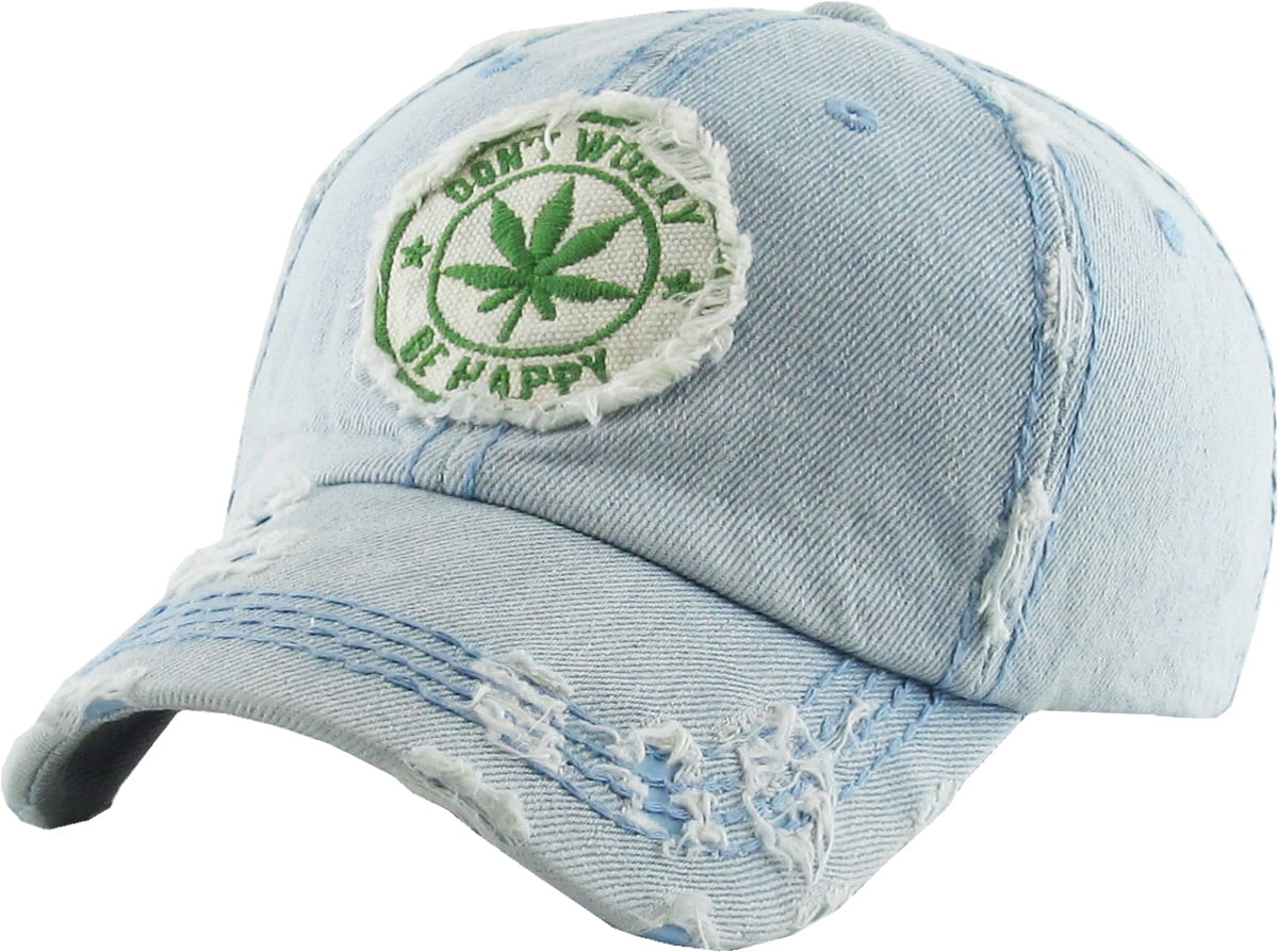 Don't Worry Be Happy Leaf Marijuana Vintage Distressed Washed Baseball ...