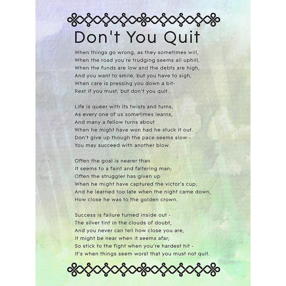 Don't You Quit Poem Blue Green Watercolour Motivation Typography Quote ...