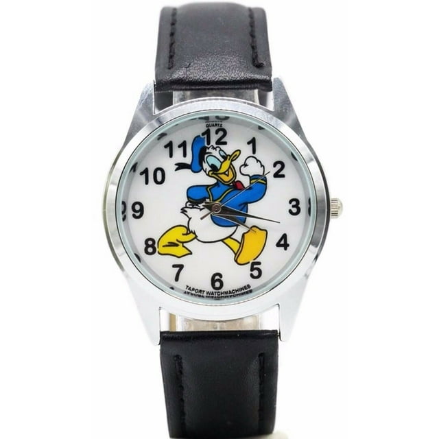 Donald Duck Cartoon Character Black Leather Band Wrist Watch - Walmart.com