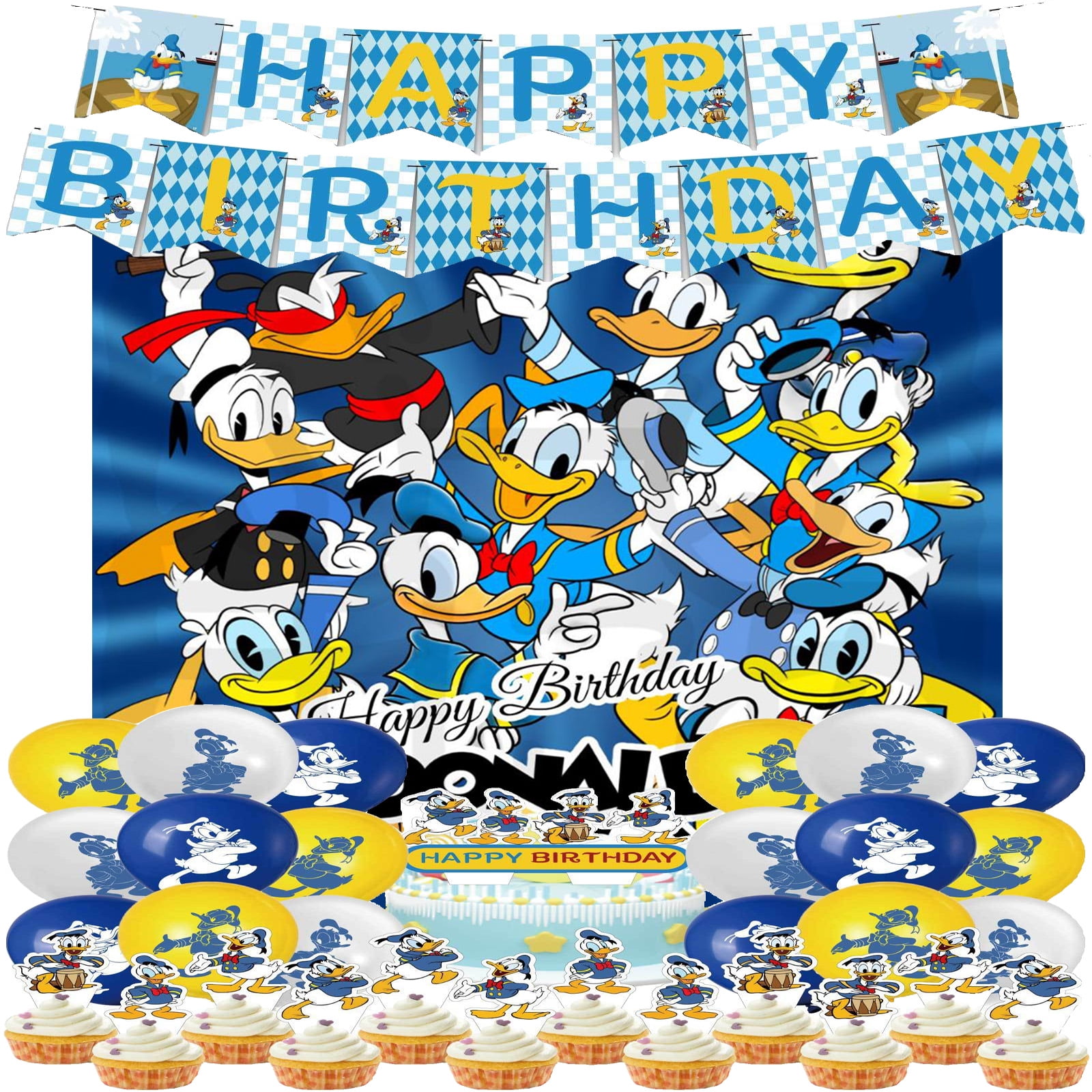 Donald Duck Party Supplies Pack Includes， Banner， Backdrop, Cake Topper ...