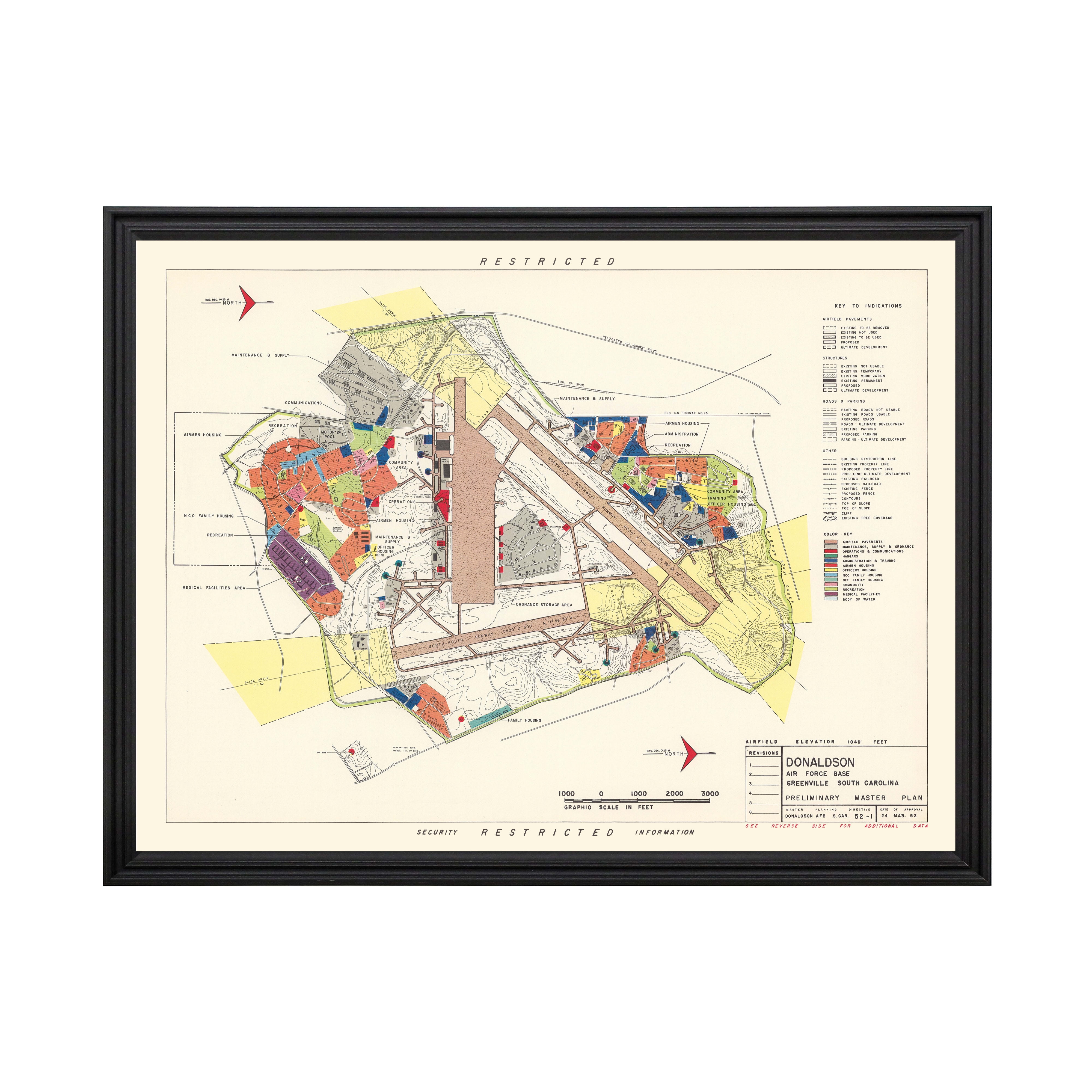 Donaldson Air Force Base Art, 1952 Vintage Map of Donaldson Air Force ...
