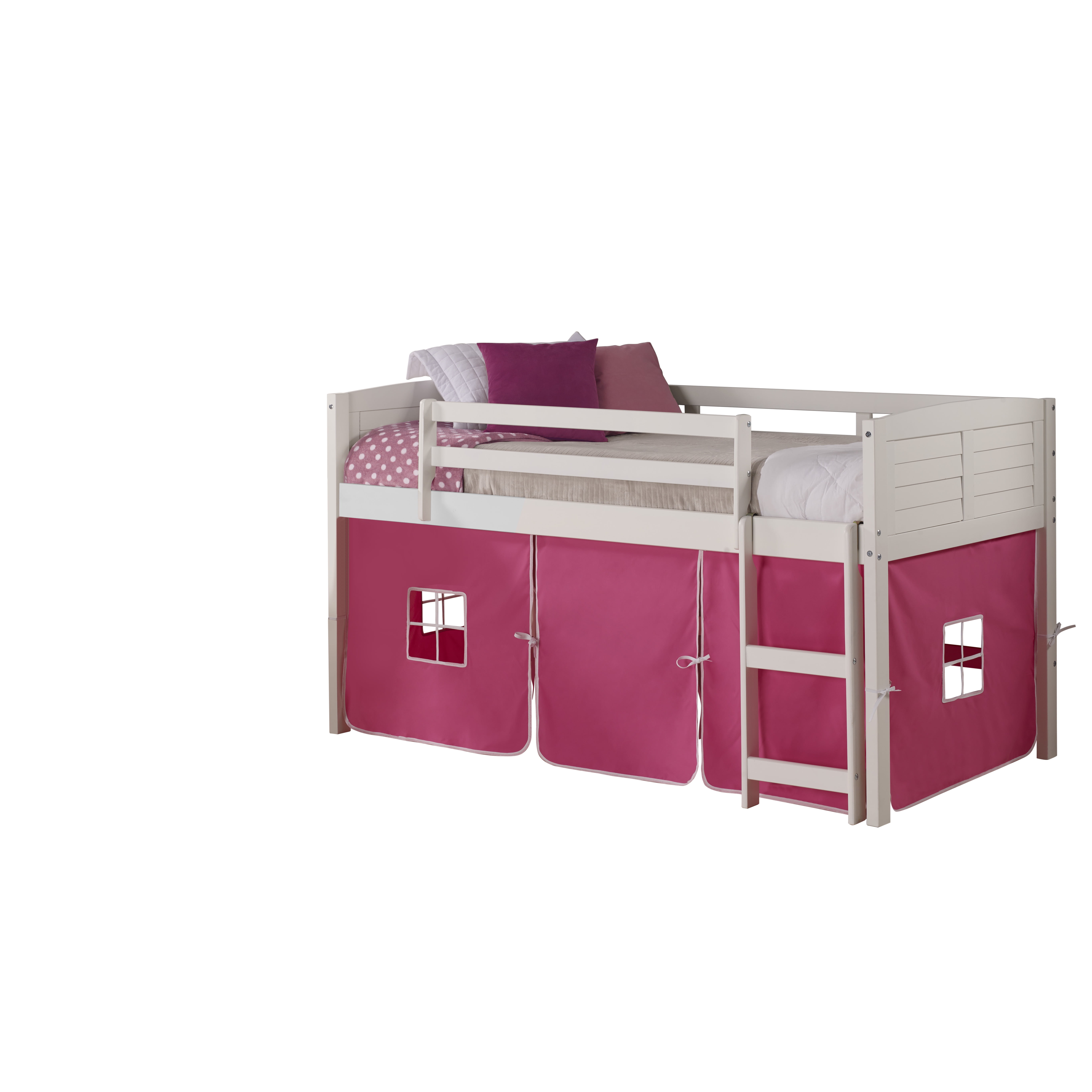 Donco Kids Louver Twin White Low Loft Bed with Pink Tent, Twin, White ...
