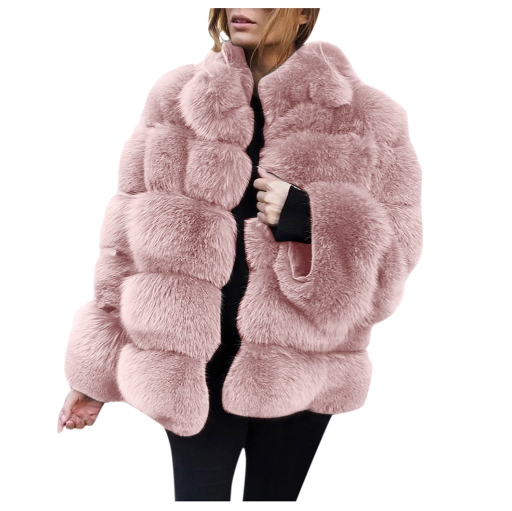 DondPO Fake Fur Coat Furry Sleeve Size Warm Jacket FauxLong Plus Faux Outerwear Short Coat Women ...