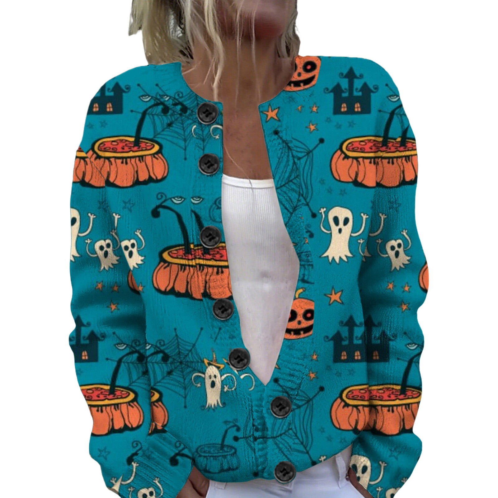 DondPO Fall Pumpkin Sweaters For Women Open Front Button Down Trendy ...