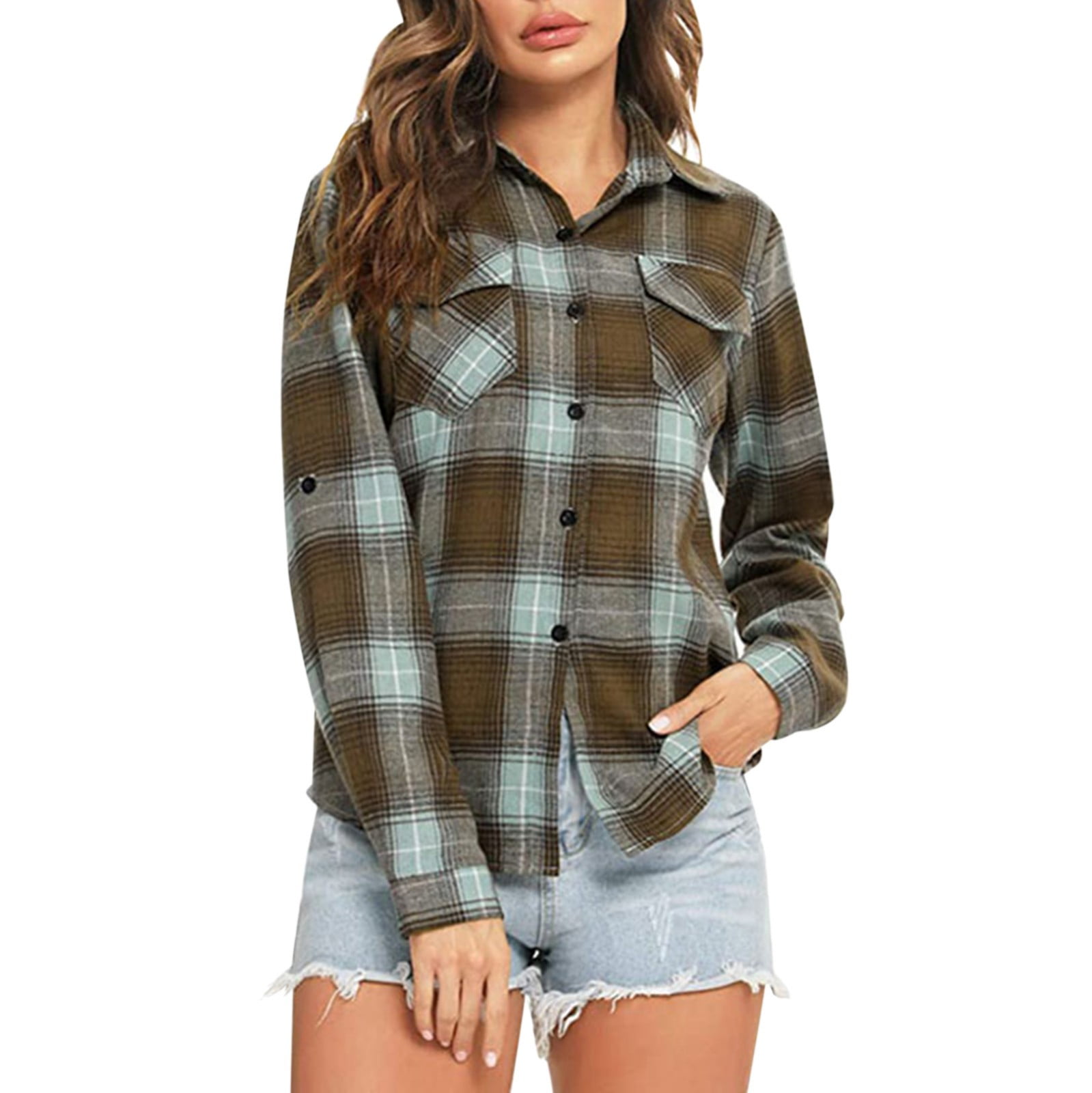 DondPO Long Sleeve Shirts Dress Shirts for Women Plaid Shirts For Women ...