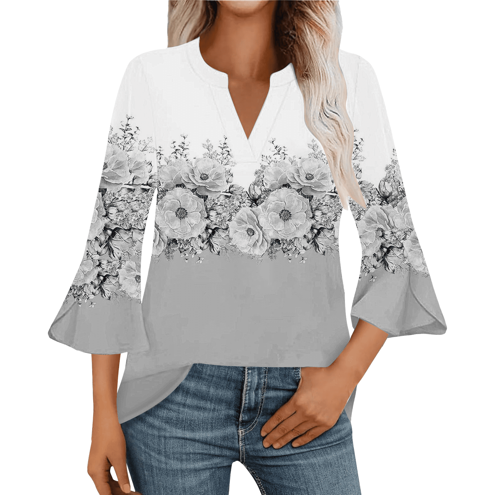 DondPO Womens Tops 3/4 Length Sleeve Womens Tops V Neck Spring Shirts ...