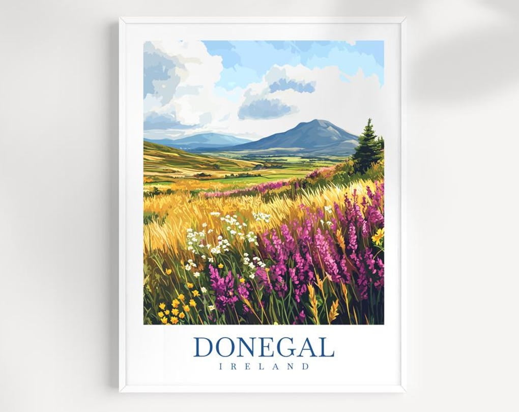 Donegal Ireland Travel Print Wall Art – Illustrated Coastal Landscape ...