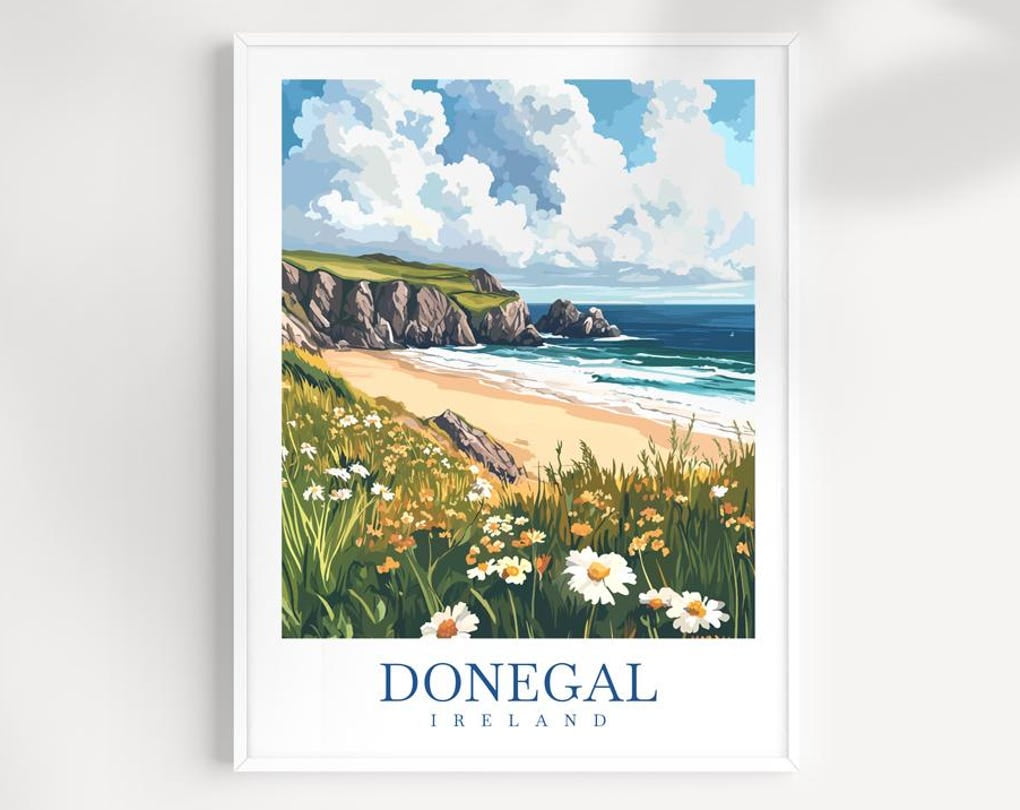 Donegal Ireland Travel Print Wall Art – Illustrated Coastal Landscape ...