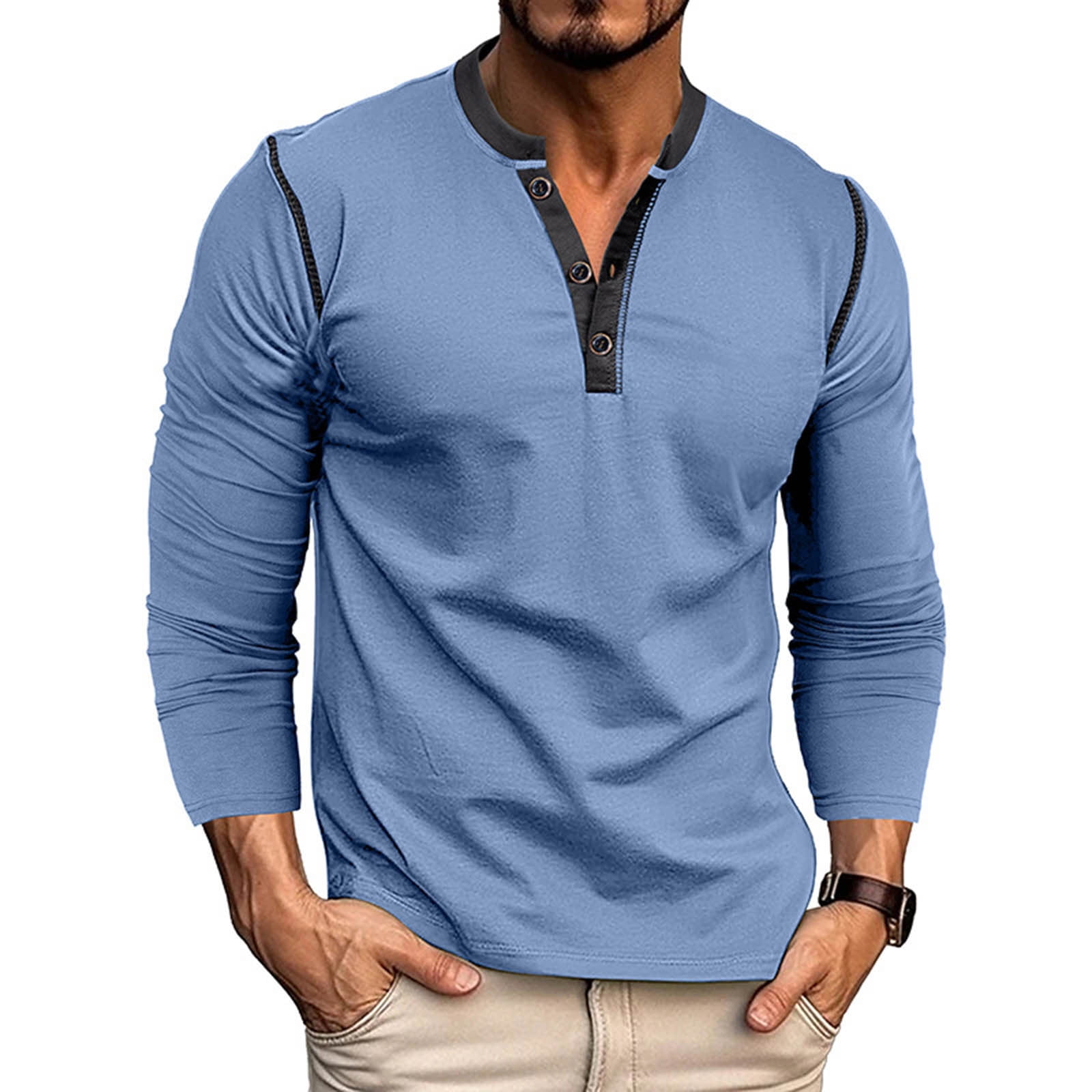 Donemore Men's Casual Color Block Long Sleeve Round Neck Half-Button ...