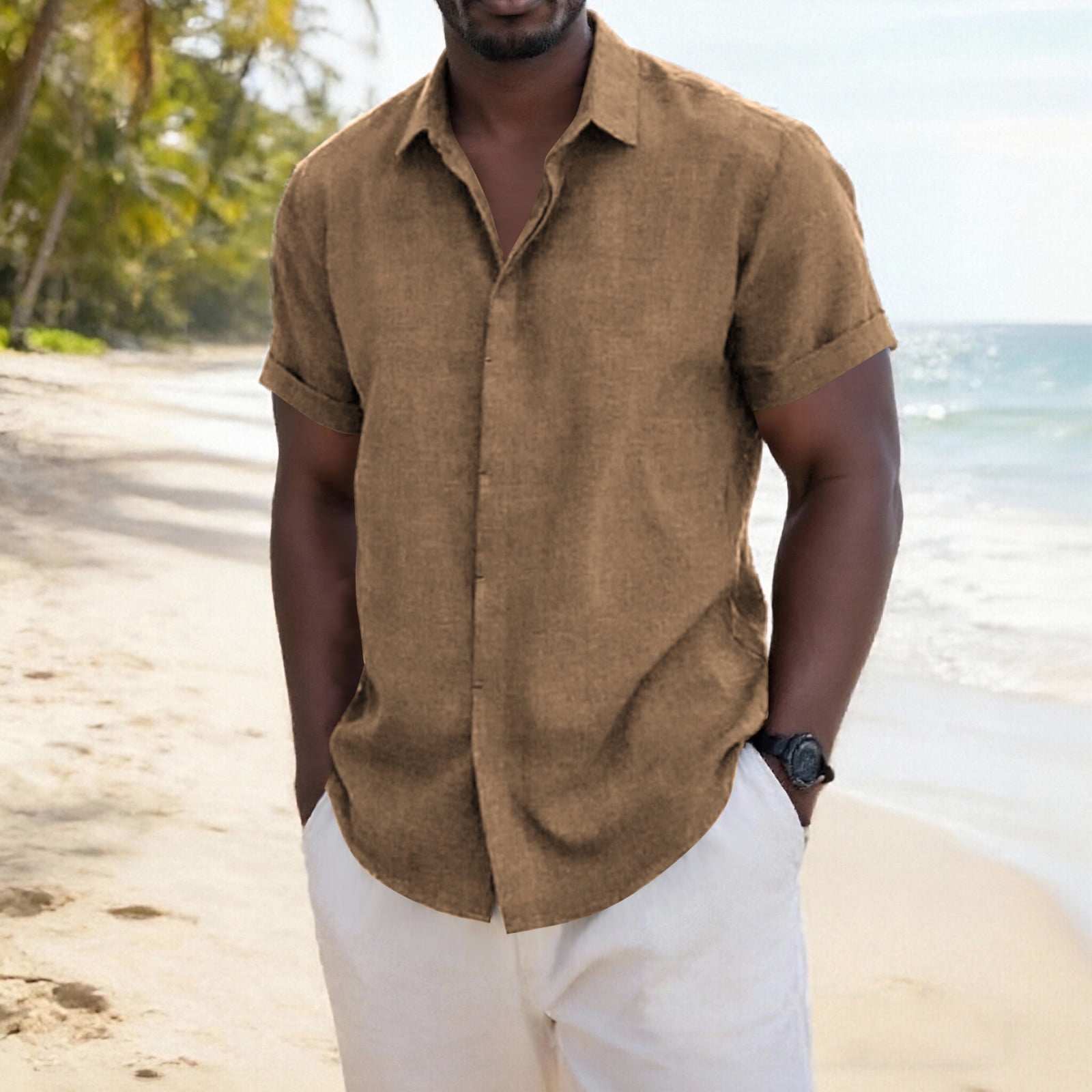 Donemore Men's Casual Short Sleeve Button-Down Shirt with Turn-Down ...