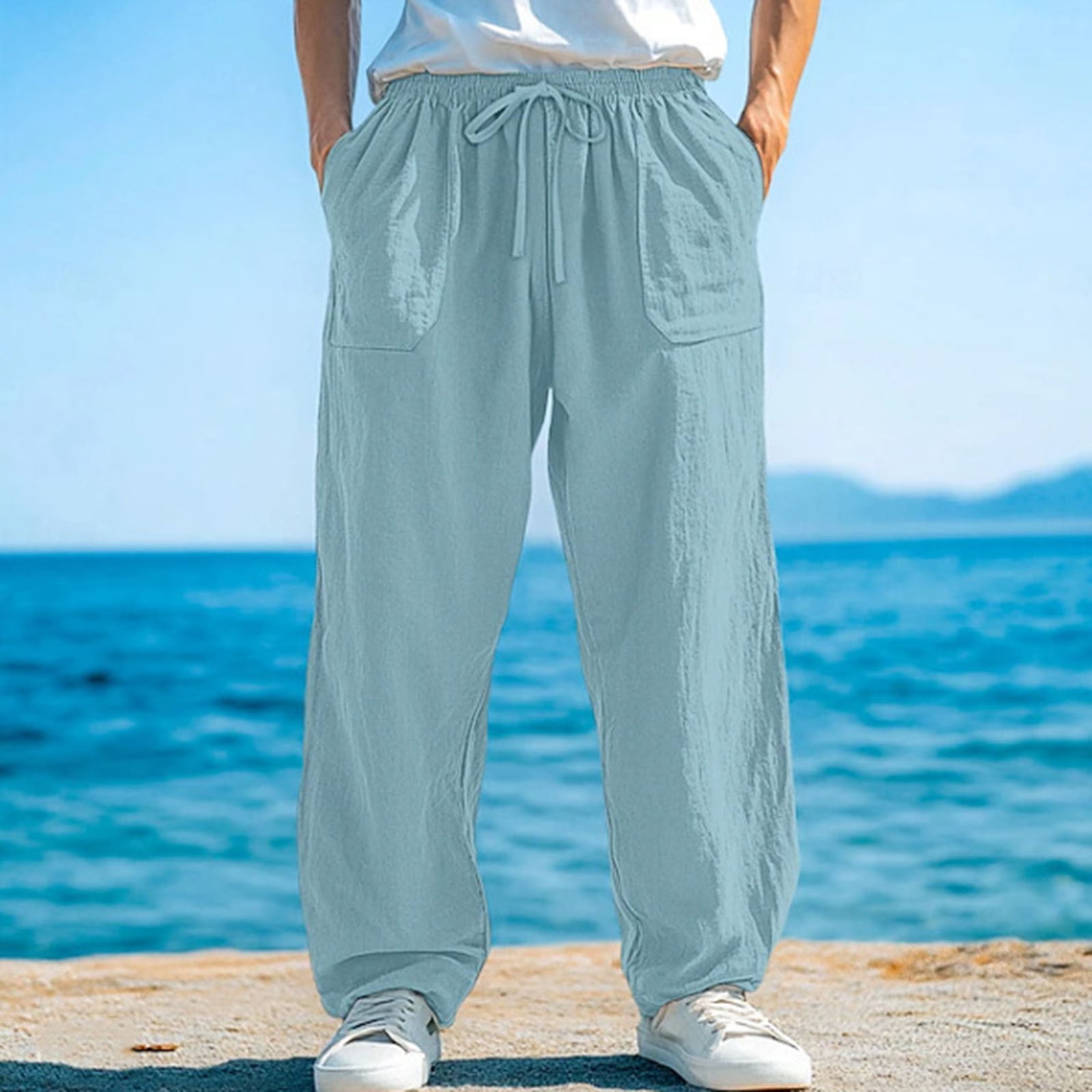 Donemore Men's Casual Solid Color Beach Pants with Breathable Elastic ...