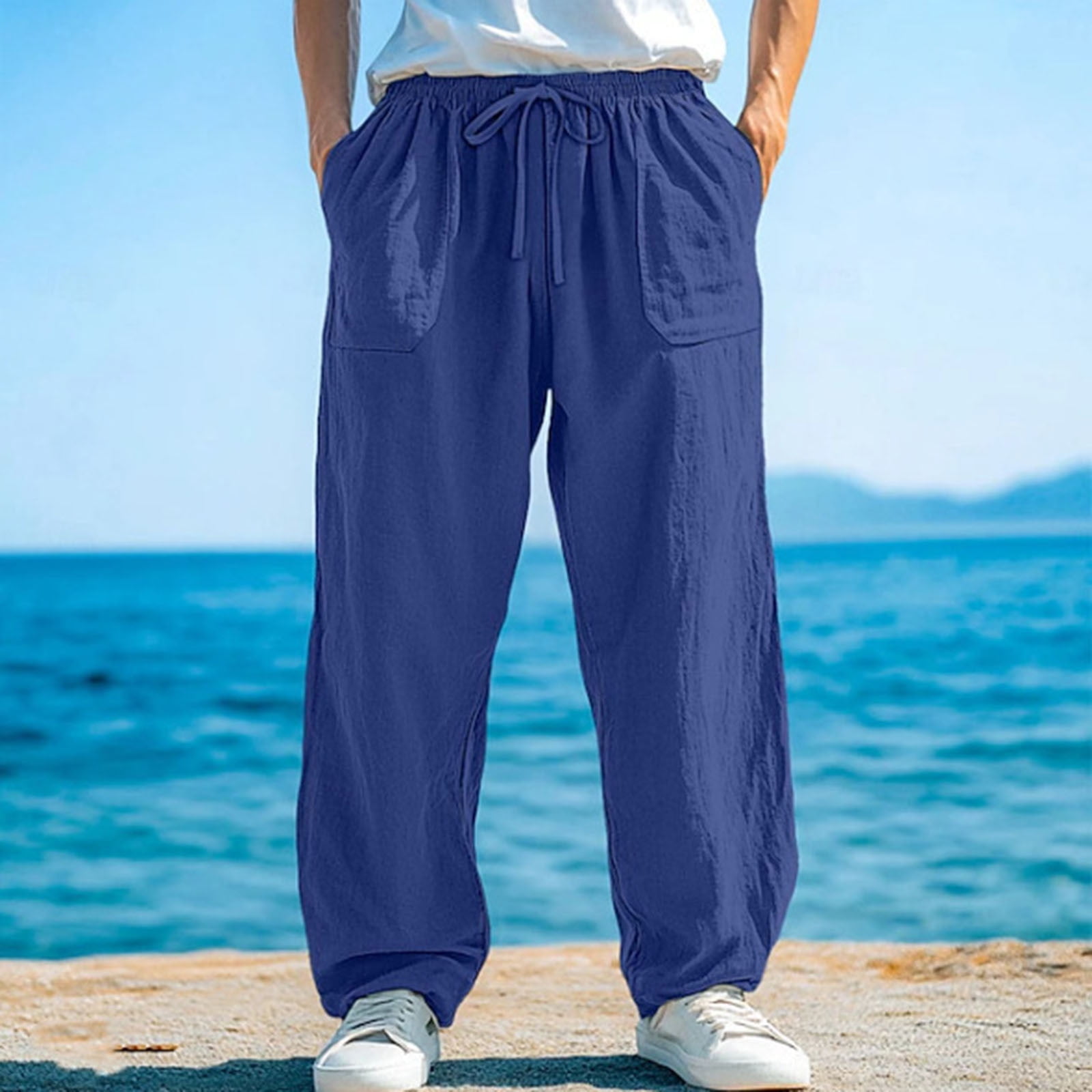 Donemore Men's Casual Solid Color Beach Pants with Breathable Elastic ...