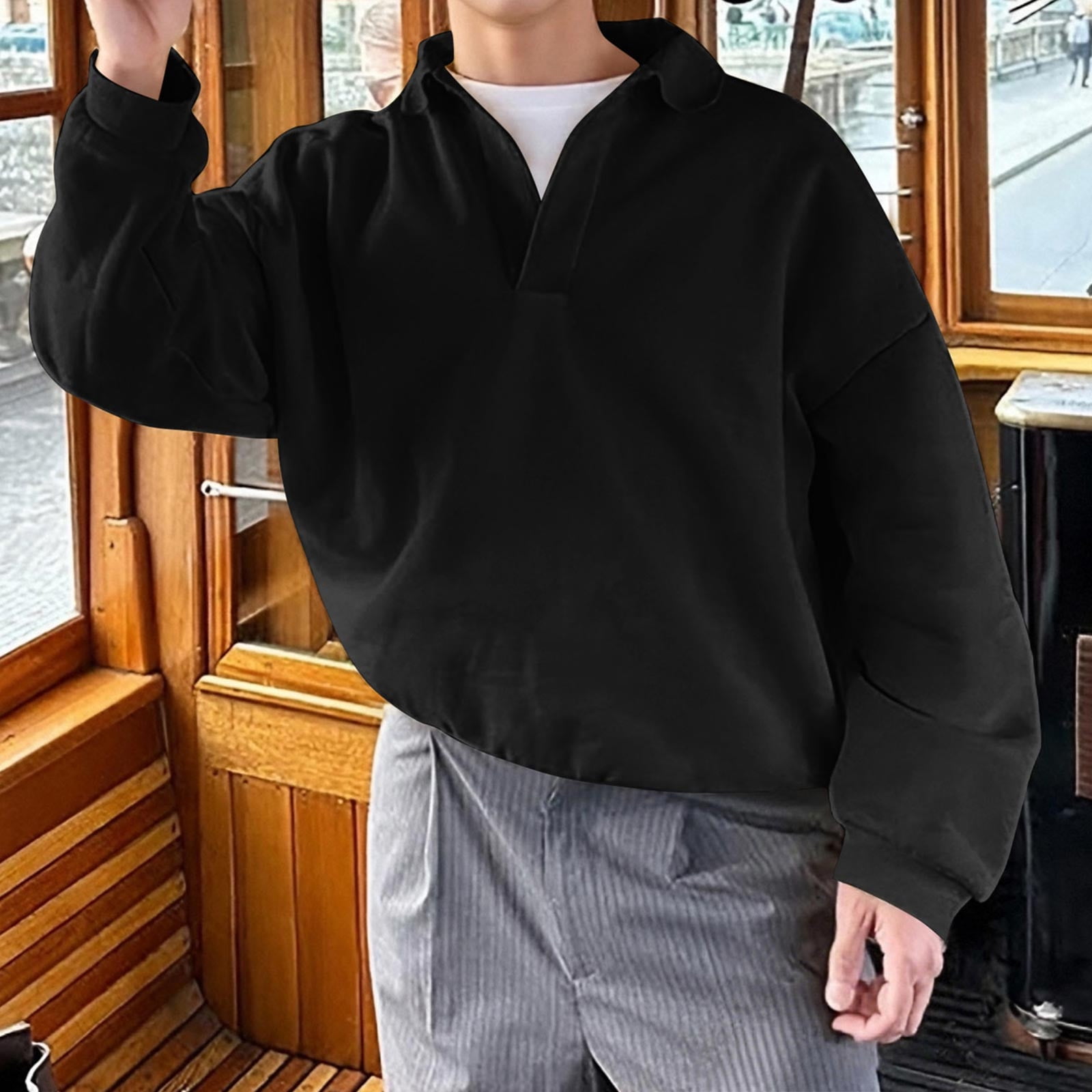 Donemore Men's Casual Solid Color Turn-Down Collar Long Sleeve ...