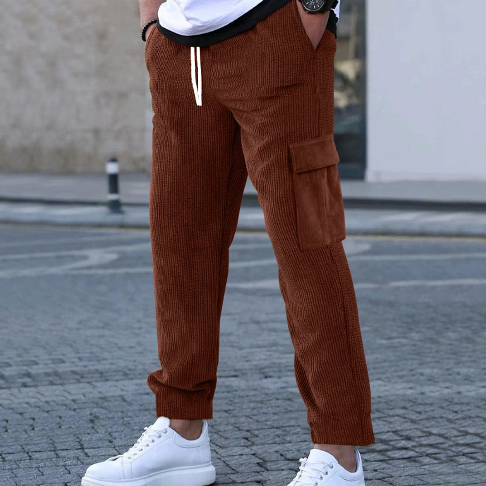 Donemore Men's Corduroy Straight-leg Pants with Pure Color Tonal Design ...