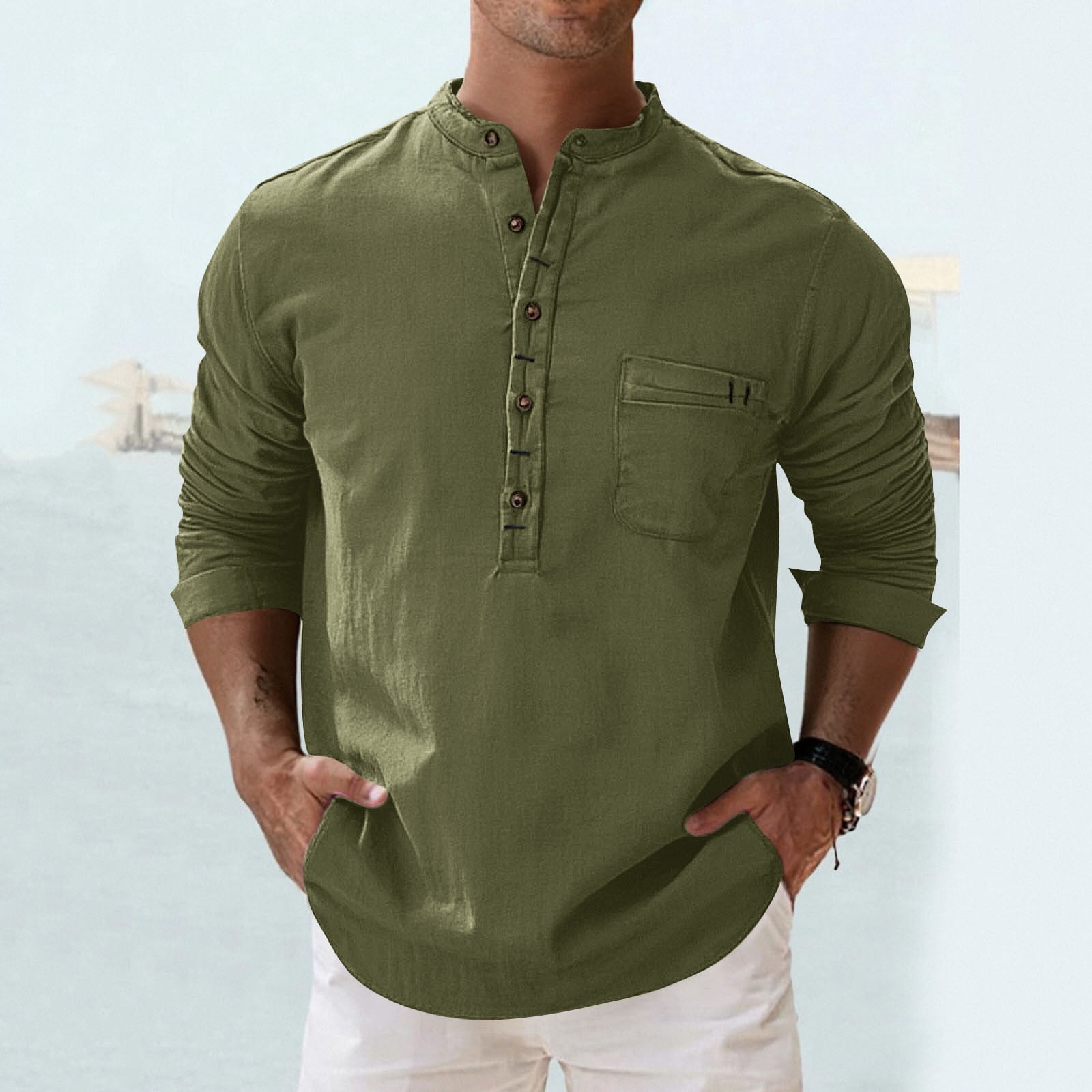 Donemore Men's Cotton Linen Long Sleeve Stand Collar Shirt, Pure Color ...