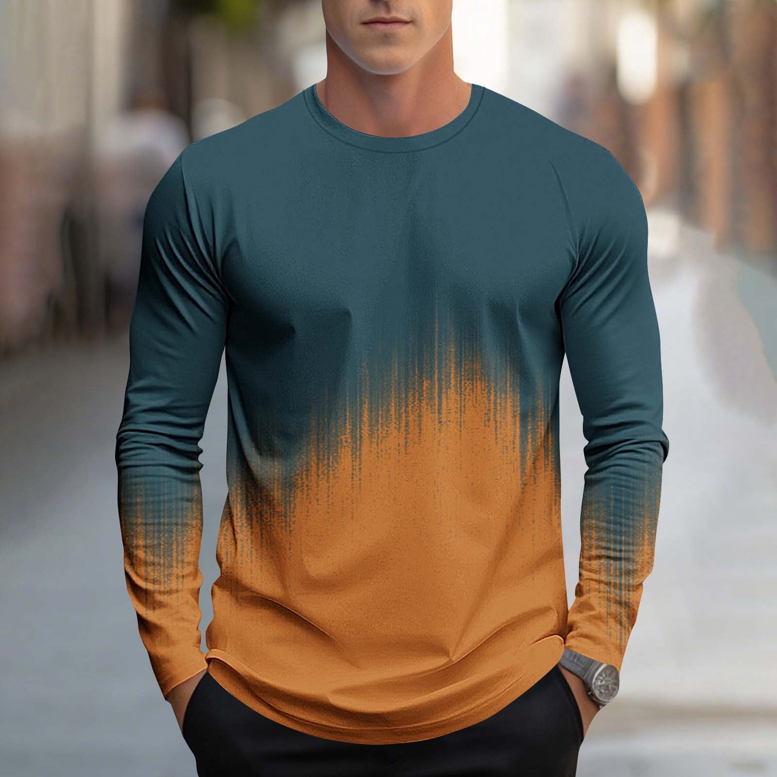Donemore Men's Gradient Print Casual Sport Long Sleeve Round Neck Shirt ...