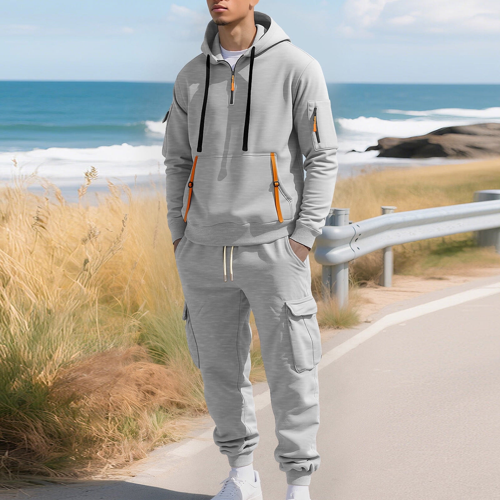 Donemore Men's Half-Zip Hooded Sweatshirt & Cargo Pants Set - Solid ...