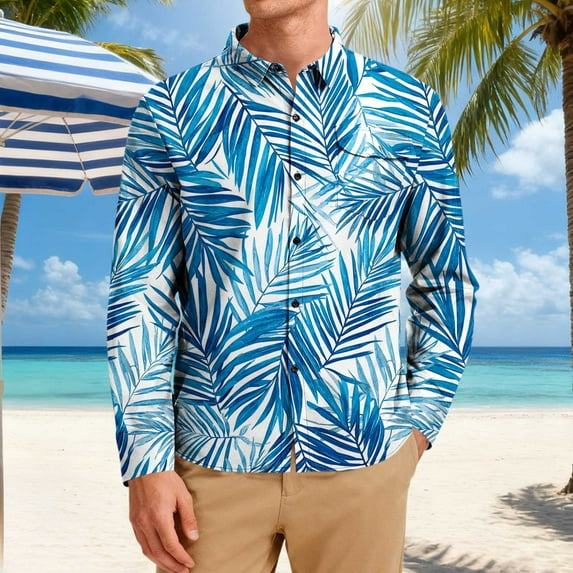 Donemore Men's Hawaiian Print Shirt Long Sleeve Notched Lapel Button ...