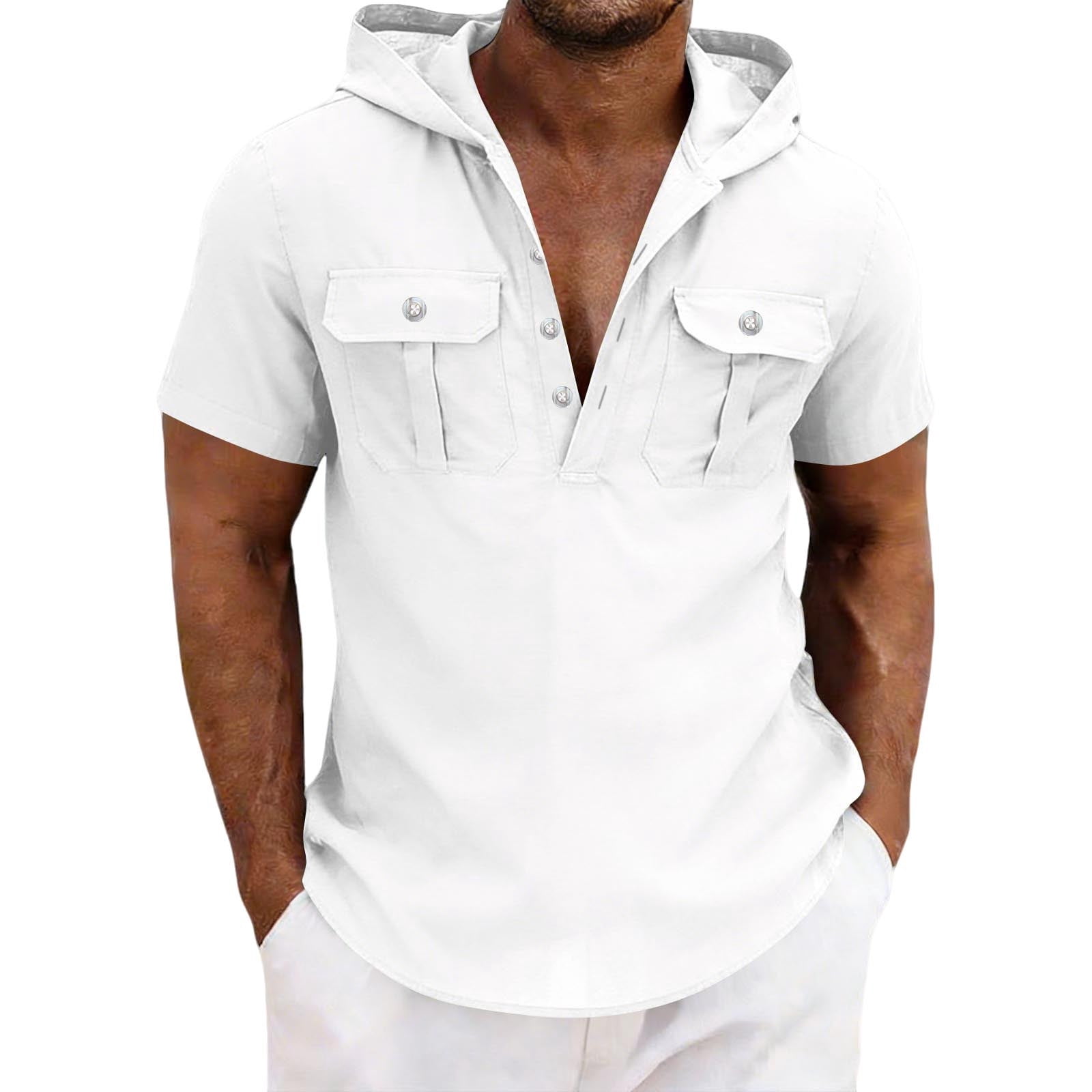 Donemore Men's Hooded Linen Blend Short Sleeve Shirt Button Front with ...