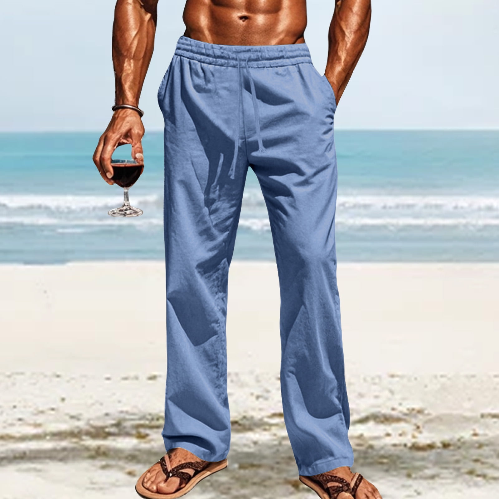 Donemore Men's Linen Straight Casual Pants with Elastic Drawstring ...