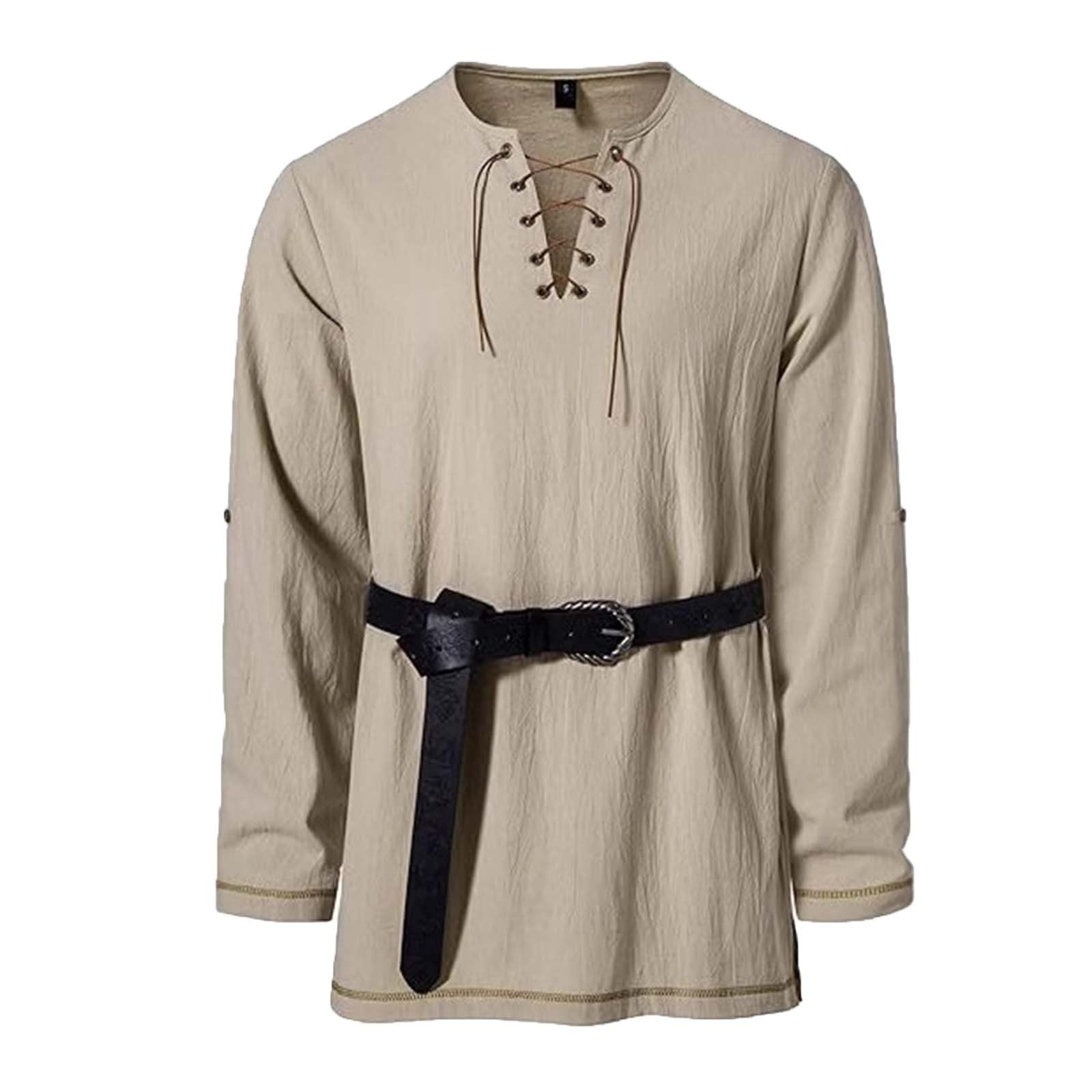Donemore Men's Medieval Style Lace-Up Design Henley Shirt Stand Collar Pullover Long Sleeve Top ...