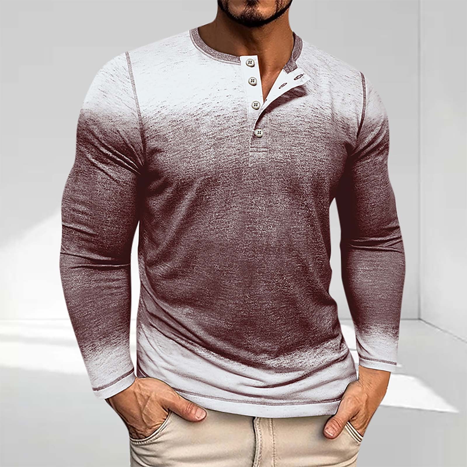 Donemore Men's Retro Gradient Long Sleeve Round Neck Button Henley ...