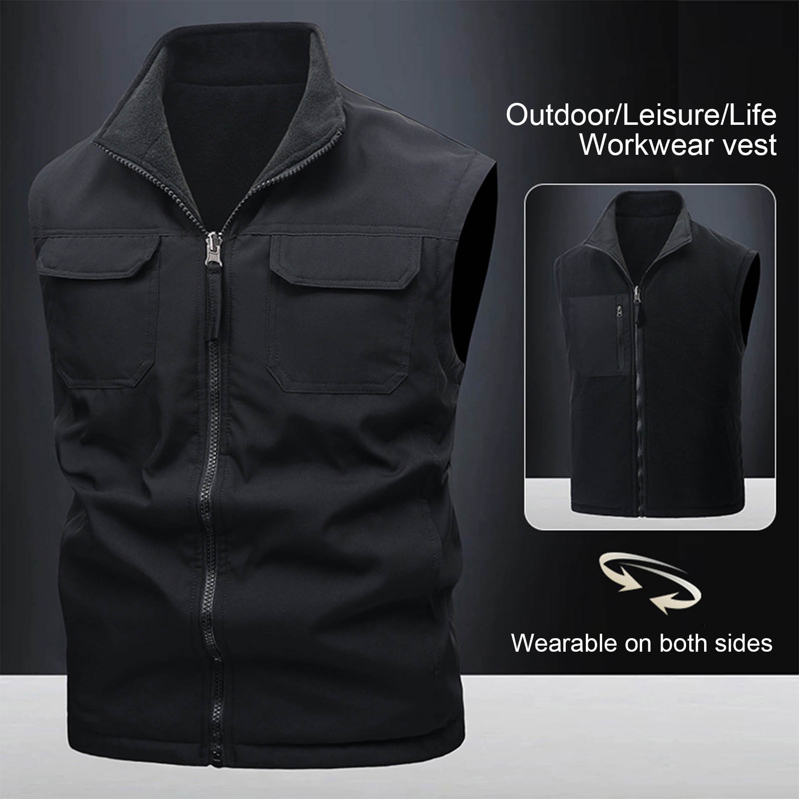Donemore Men's Reversible Sleeveless Work Jacket Solid Color Lapel No ...