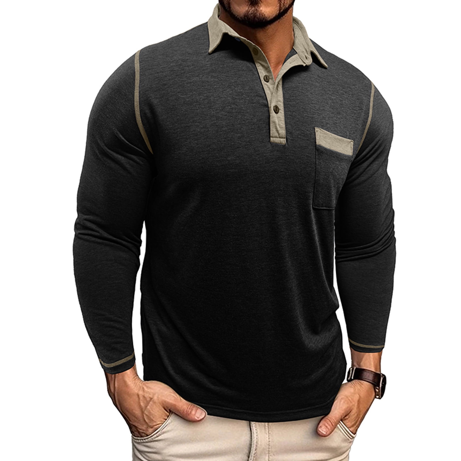 Donemore Men's Solid Color Button-Down Collar Long Sleeve Shirt with ...