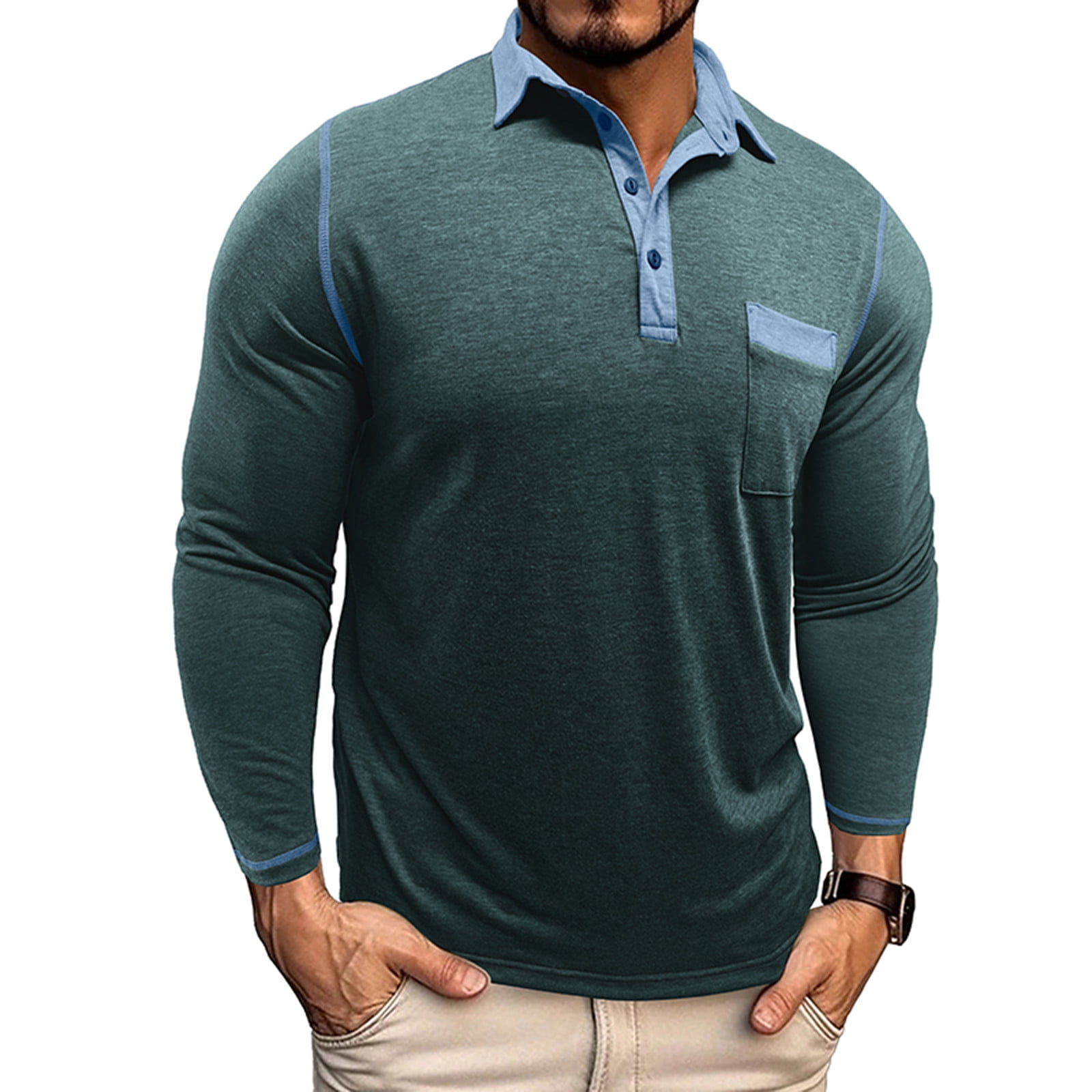 Donemore Men's Solid Color Button-Down Collar Long Sleeve Shirt with ...