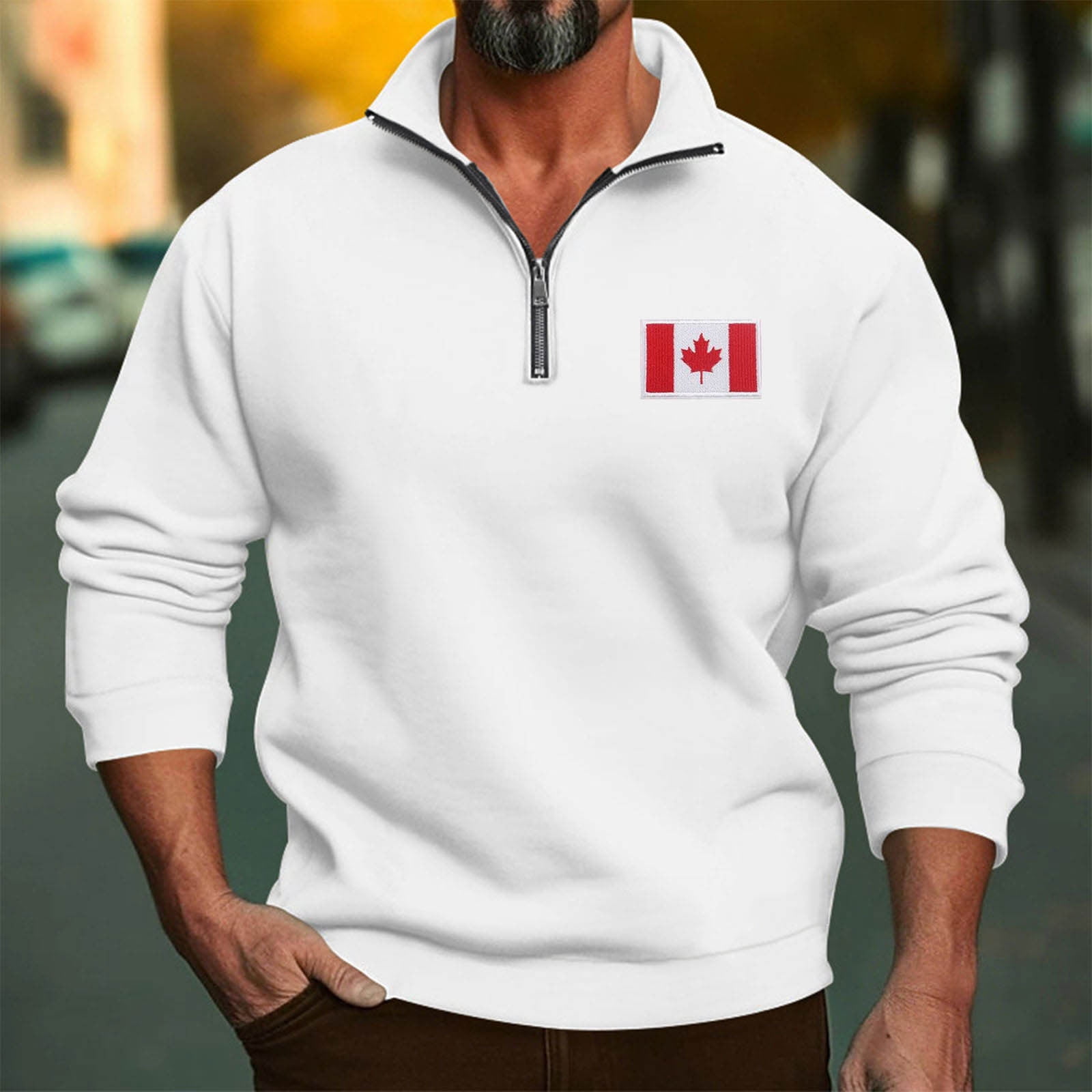 Donemore Men's Solid Color Canadian Flag Embroidered Zipper Long Sleeve ...