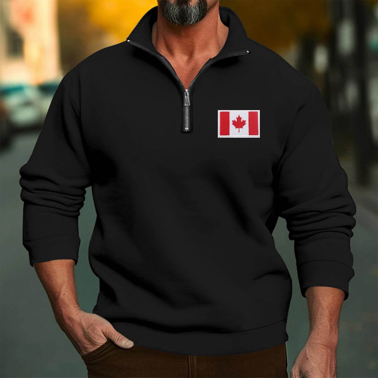 Donemore Men's Solid Color Canadian Flag Embroidered Zipper Long Sleeve ...